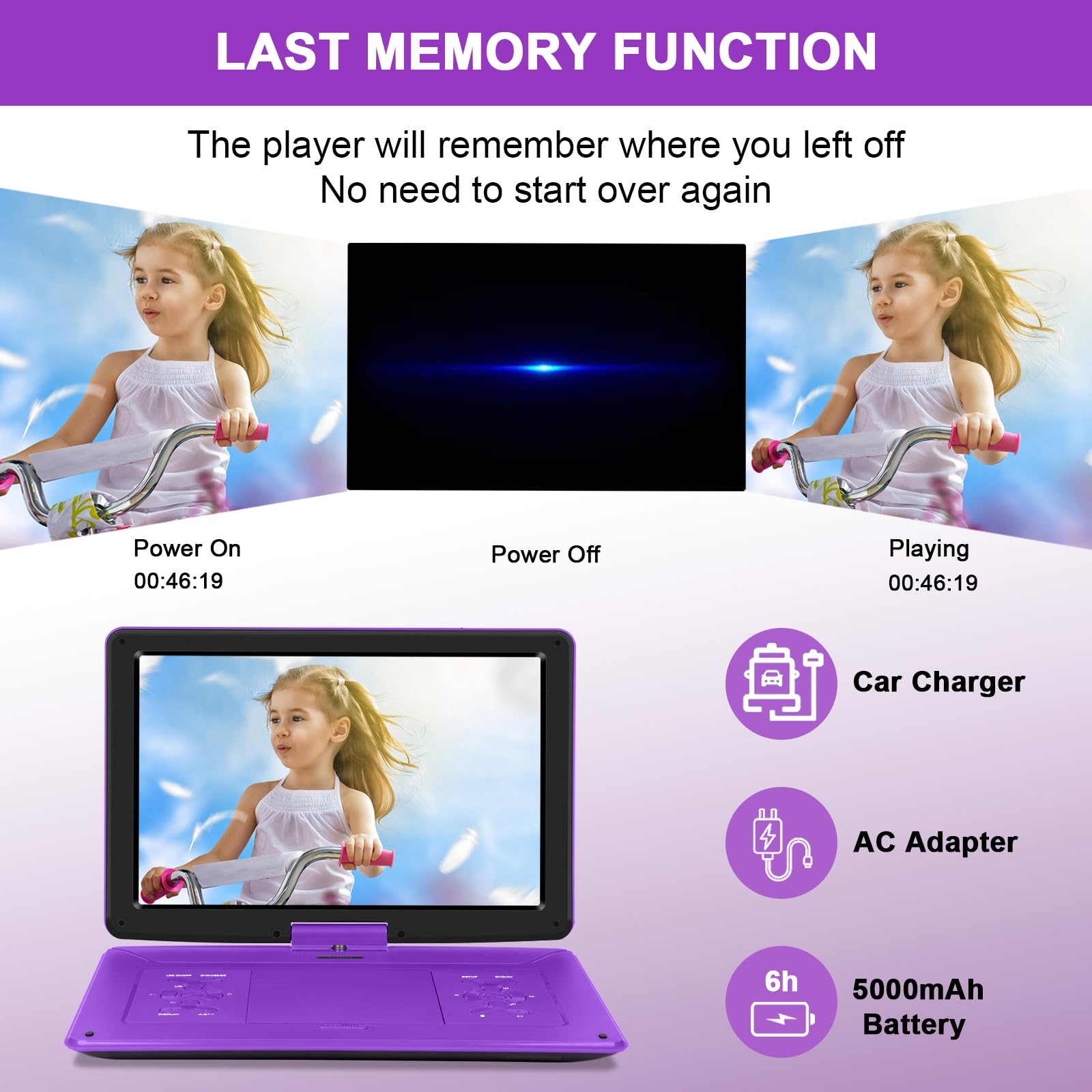 ππΆπΆπ―πΆπΆ 17.9'' Portable DVD Player with 15.6" Large Swivel Screen, 6 Hours Battery DVD Player Portable with Car Charger and AC Adapter, Support USB/SD Card/Sync TV, Region Free, Purple