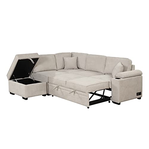 Verfur 87.4" Reversible Sleeper Sofa Bed, 2 in 1 Convertible Pull Out Sofabed with Cupholder, L Shaped Corner Couch with Storage Ottoman for Living Room,Bedroom and Small Apartment