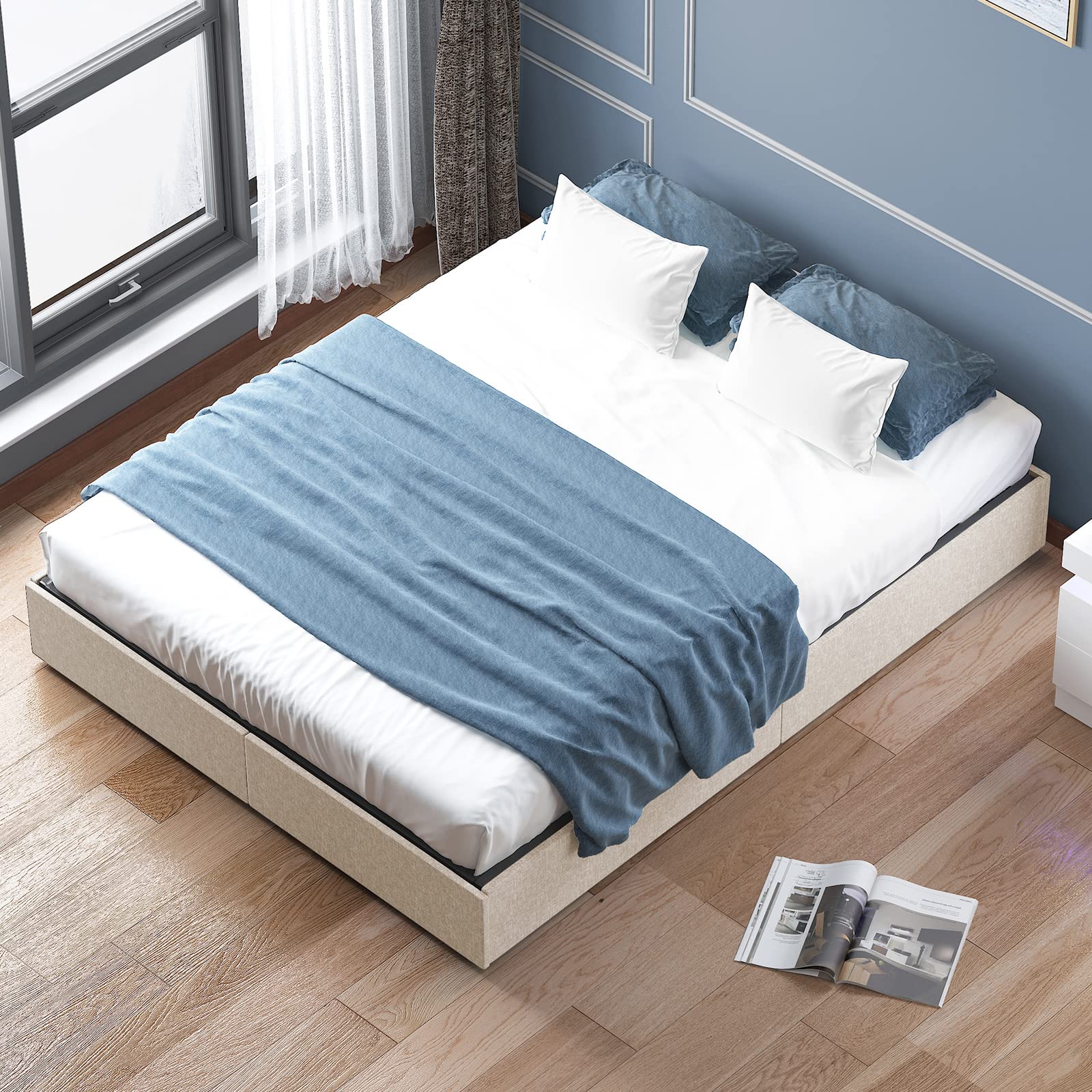 ZAFLY Cal King Size Bed Frame with Storage Drawers, Wood Slat Support Bed Frame, Linen Fabric Upholstered Platform Bed, Bed Frame with Large Storage Space Beige