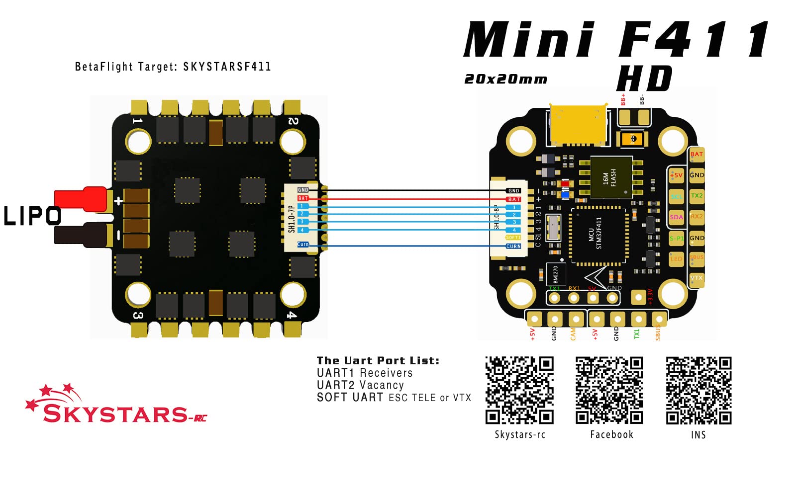 Skystars F411 HD Flight Controller Stack Ko40 40A 3-6S ESC 20x20mm for DJI FPV Betaflight RC Drone Racing