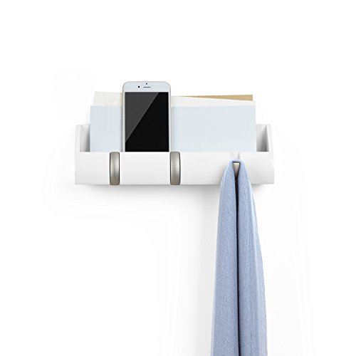 Umbra Cubby Mini Organizer – with Hooks and Compartment, Great for Holding Keys, Phone, Chargers, Mail, and Oher Goods, Compact Storage, White