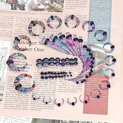 YOFANST 14G-00G 54pcs Acrylic Ear Gauges Stretching Kit Crescent Shaped/Spiral Taper Plug Set (Rainbow Glitter)