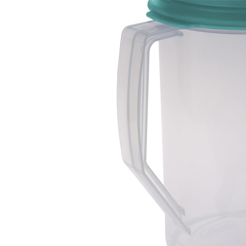 Sterilite 2 Qt Round Pitcher, Spout and Handle for Easy Pouring of Water or Juice, Plastic, Dishwasher Safe, Clear w/Teal Lid, 6-Pack