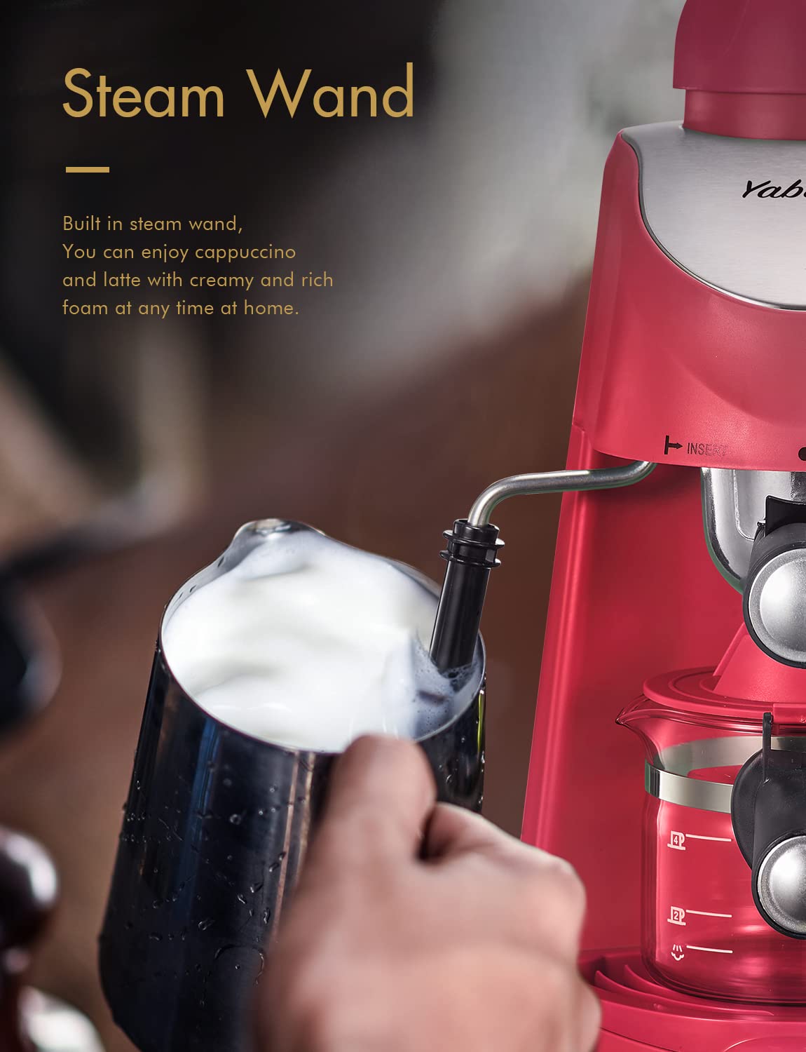 Yabano Espresso Machine, 3.5Bar Espresso Coffee Maker, Espresso and Cappuccino Machine with Milk Frother, Espresso Maker with Steamer (Red)