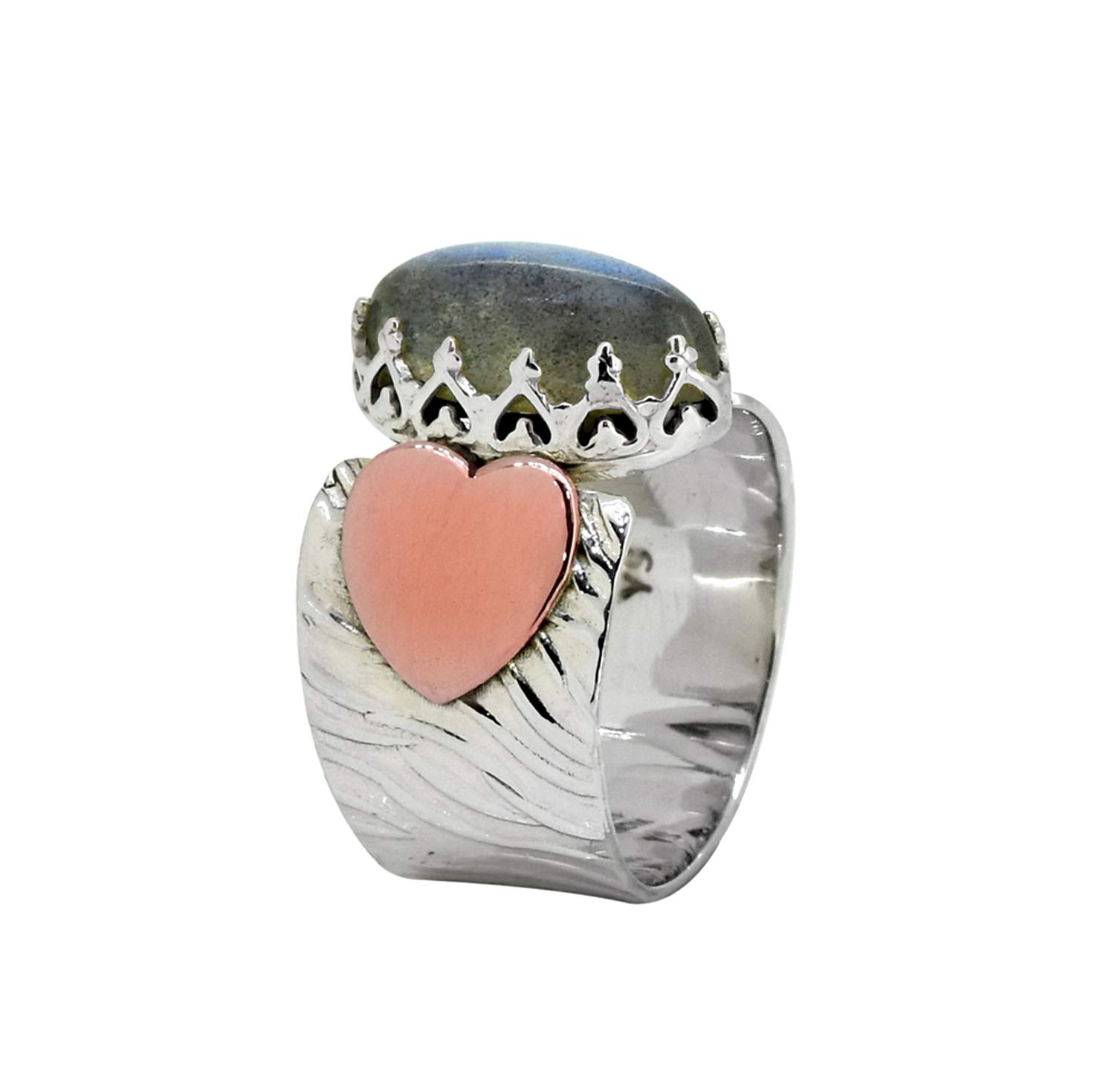 YoTreasure Natural Labradorite Solid 925 Sterling Silver Brass Wide Band Ring Jewelry