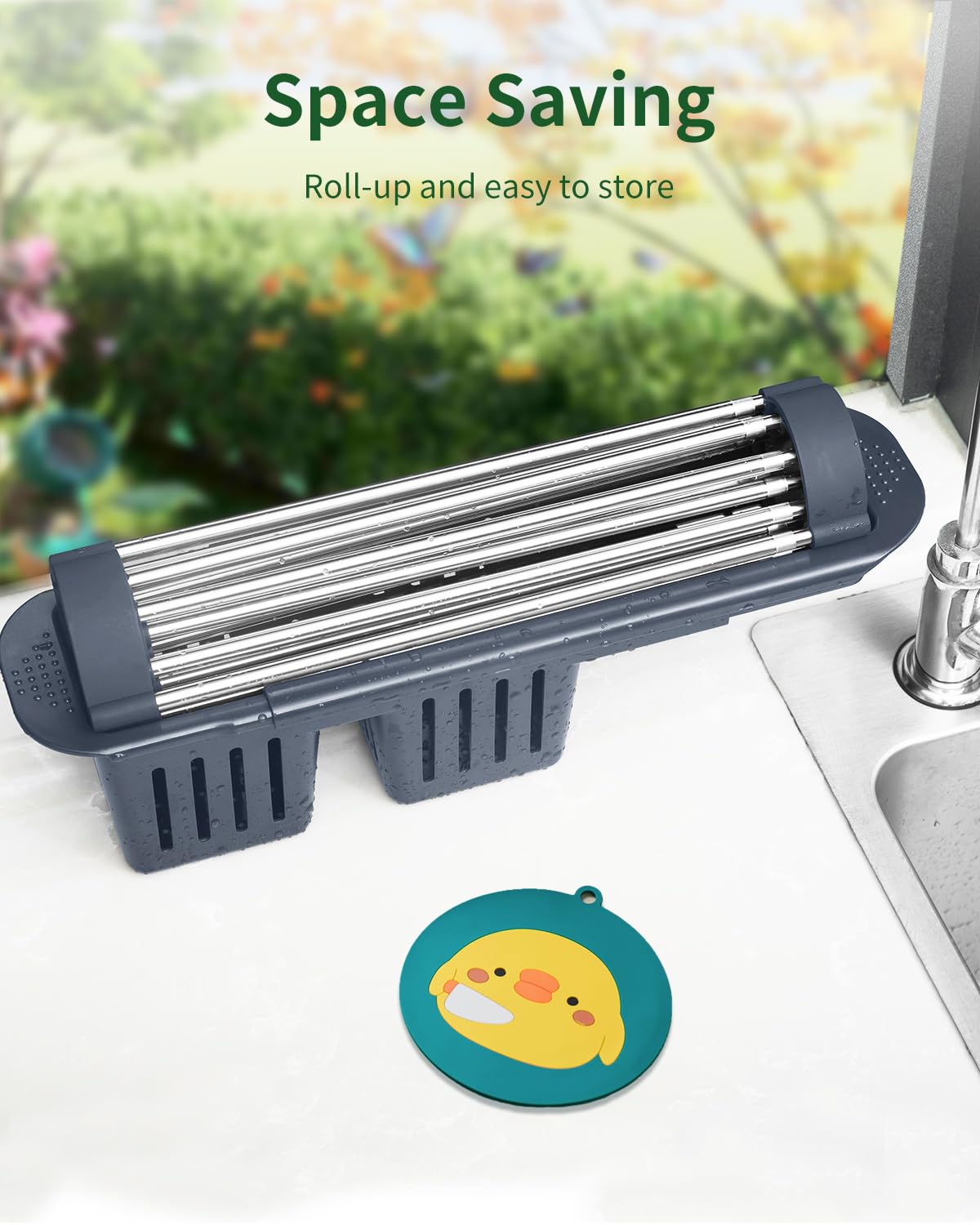 TREANY Expandable Roll Up Dish Drying Rack with Utensil Holder,Over The Sink Dish Drainer,304 Stainless Steel,Multipurpose,Best Gadget for Many Kitchen Task (14.5'' x 22.3'', Black)