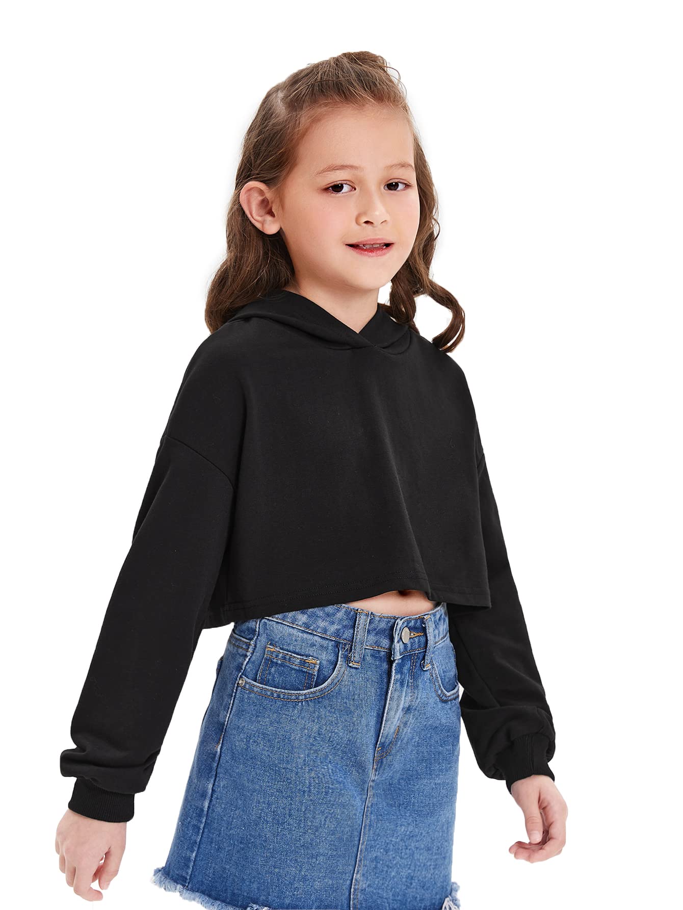 WDIRARA Girl's Cute Cat Ear Crop Tops Long Sleeve Causal Plain Crop Hoodie Sweatshirt Pullover Shirt with Cat Ear Black 8Y