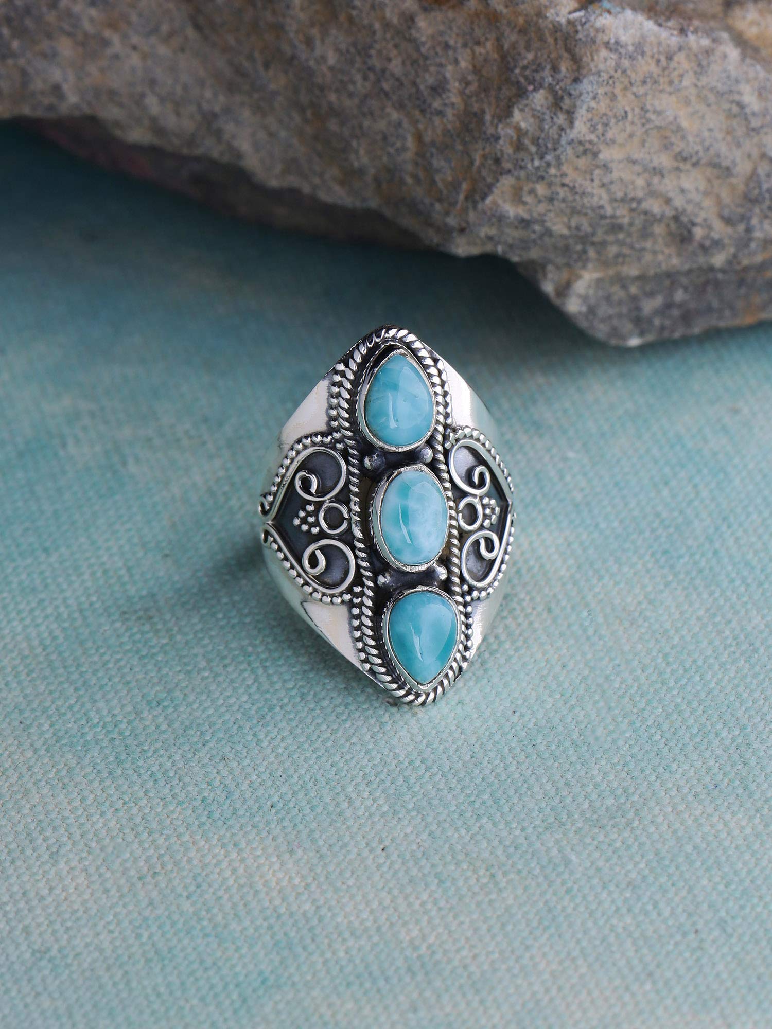 YoTreasure Natural Larimar Ring 925 Sterling Silver Rope Design Boho Three Stone Jewelry