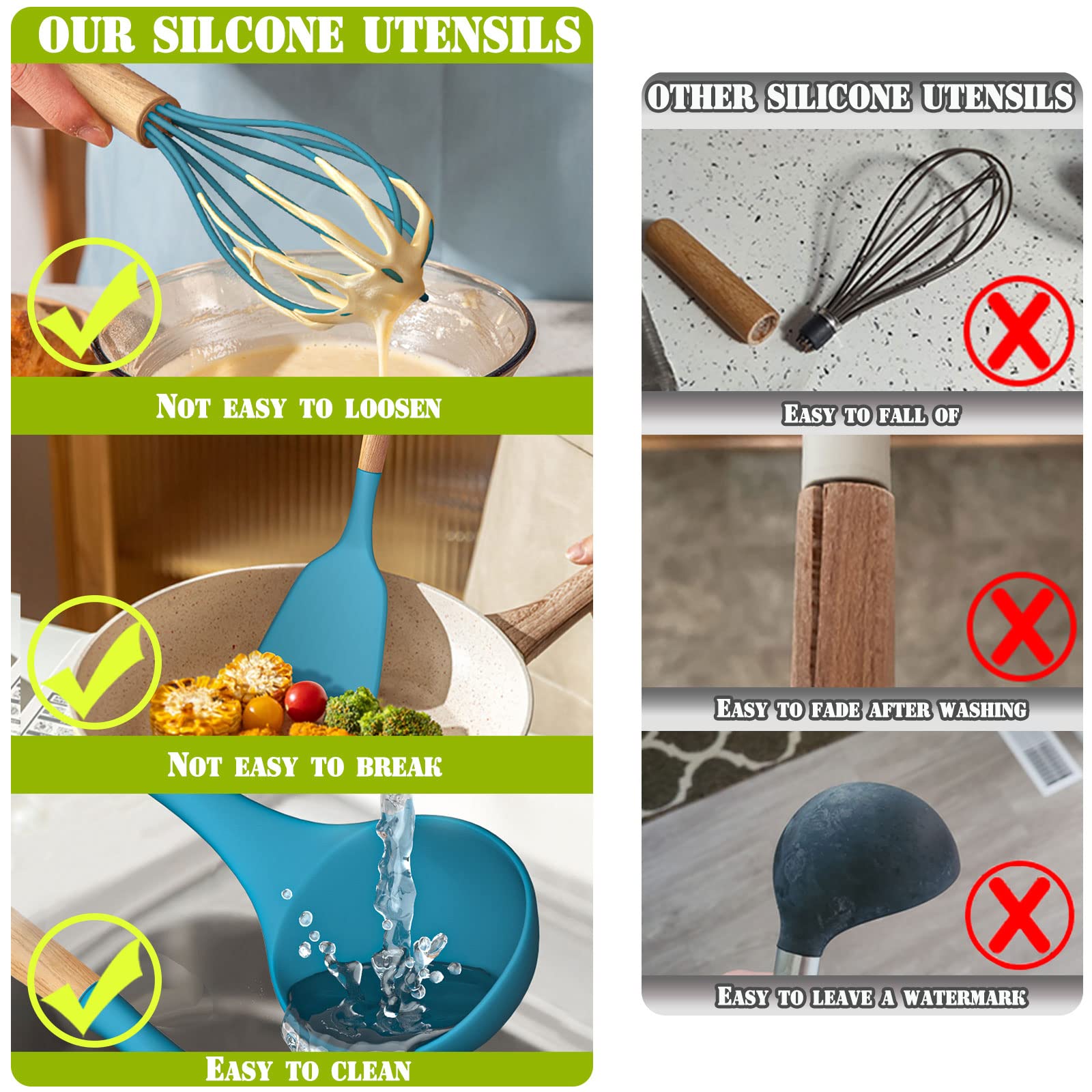 Umite Chef 36pcs Silicone Kitchen Cooking Utensils with Holder, Heat Resistant Cooking Utensils Sets Wooden Handle, Nonstick Kitchen Gadgets Tools Include Spatula Spoons Turner Pizza Cutter(Blue)