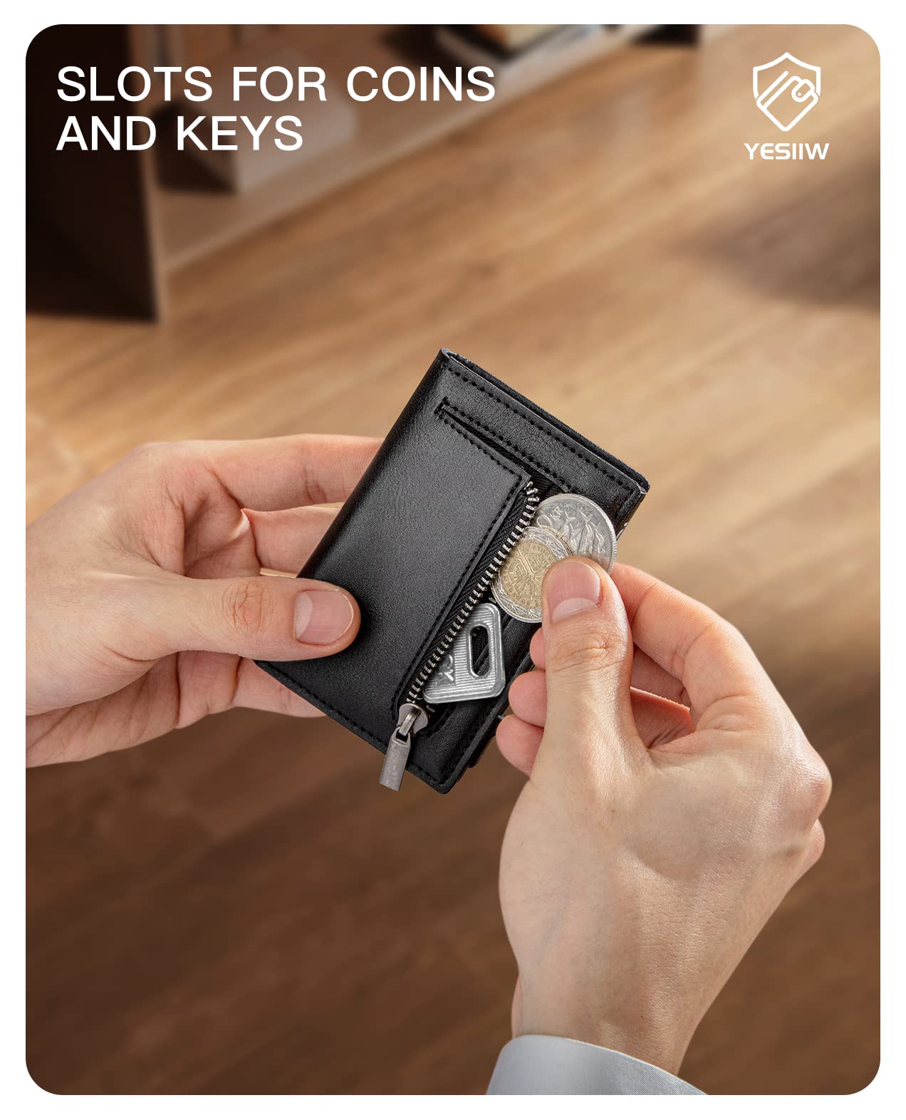 YESIIW AirTag Wallet for Men - RFID Protected, Premium Space Aluminum and Quality Leather, Black