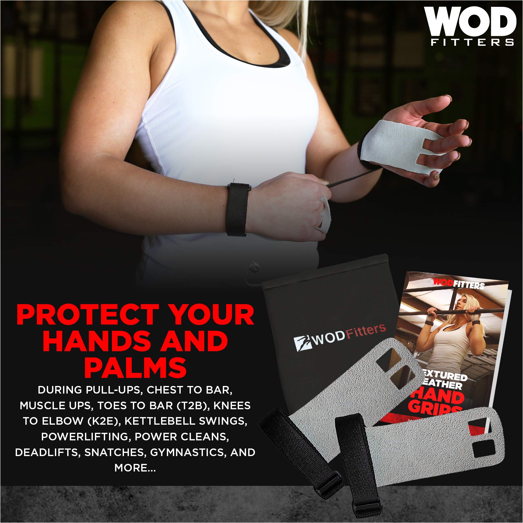 WODFitters Textured Leather Hand Grips for Cross Training, Kettlebells, Powerlifting, Chin Ups, Pull Ups, WODs & Gymnastics – with Grips Storage Pouch, Extra Small