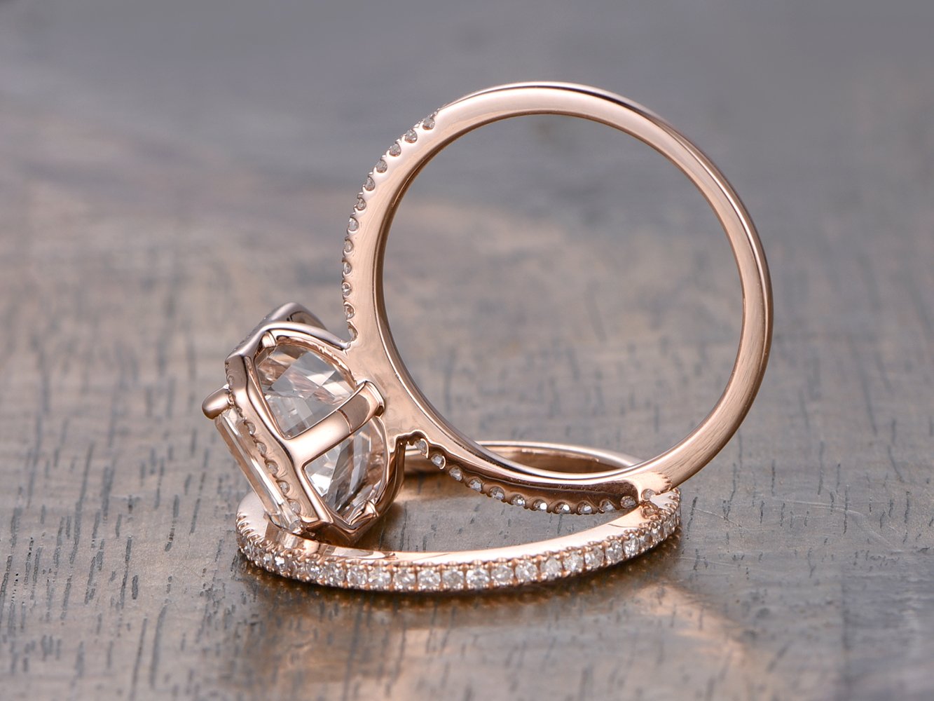 White Topaz Engagement Ring Set Diamond wedding ring 14K Rose Gold 10x8mm Emerald Cut Stone Promise