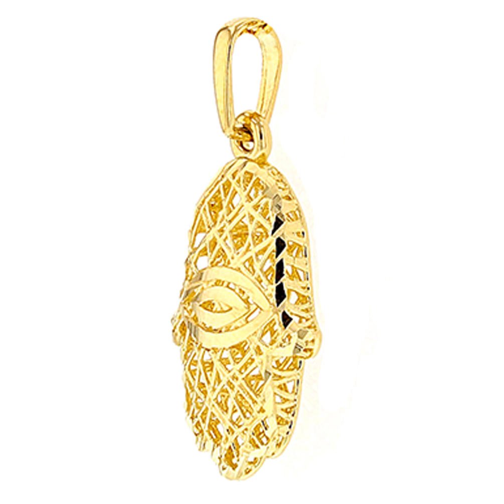 Textured 14K Yellow Gold 3D Hamsa Hand of Fatima with Evil Eye Charm Pendant