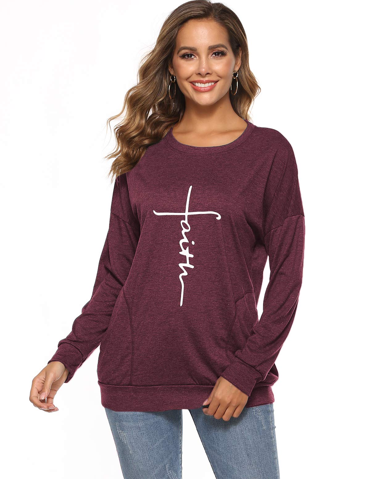 ZILIN Womens Casual Letter Print Crewneck T-Shirt Long Sleeve Tunic Tops Sweatshirt with Pockets