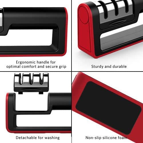 Upgraded Kitchen Knife Sharpener, Ulwae 3-Stage Knife Sharpener to Restore Non-Serrated Knife Blades Quickly, Safely, and Easy to Use for Kitchen, Camping, Hiking and Household Use Red-Black