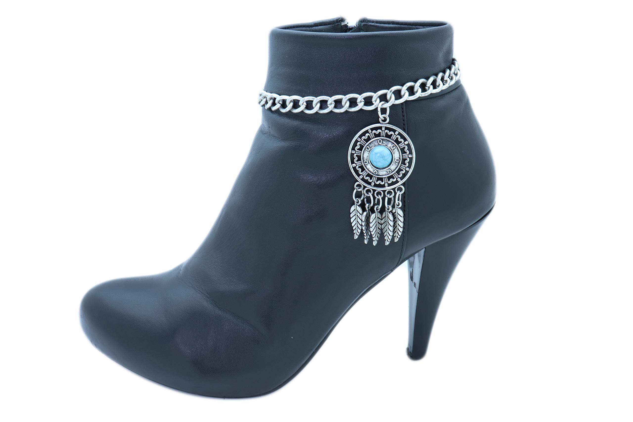TFJ Women Western Fashion Jewelry Boot Bracelet Silver Metal Chain Shoe Native Style Feather Charm Turquoise Blue