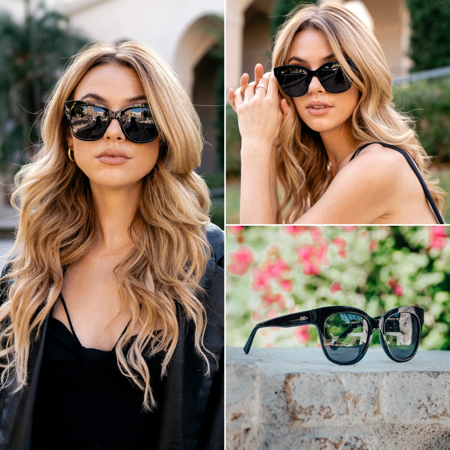 WearMe Pro - Retro Cat Eye Oversized Frame Polarized Sunglasses (Black Frame/Black Lens)