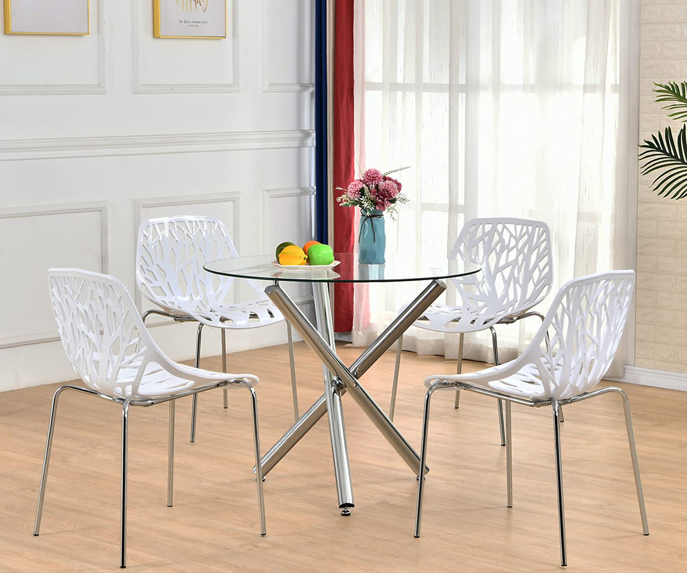 SICOTAS Glass Dining Table Round Kitchen Table with 3 Silver Chrome Legs,Modern Circle Dining Room Tables for 2 or 4,Small Compact Dinner Table for Apartment or Small Spaces,35.4D x 29.5H,Clear