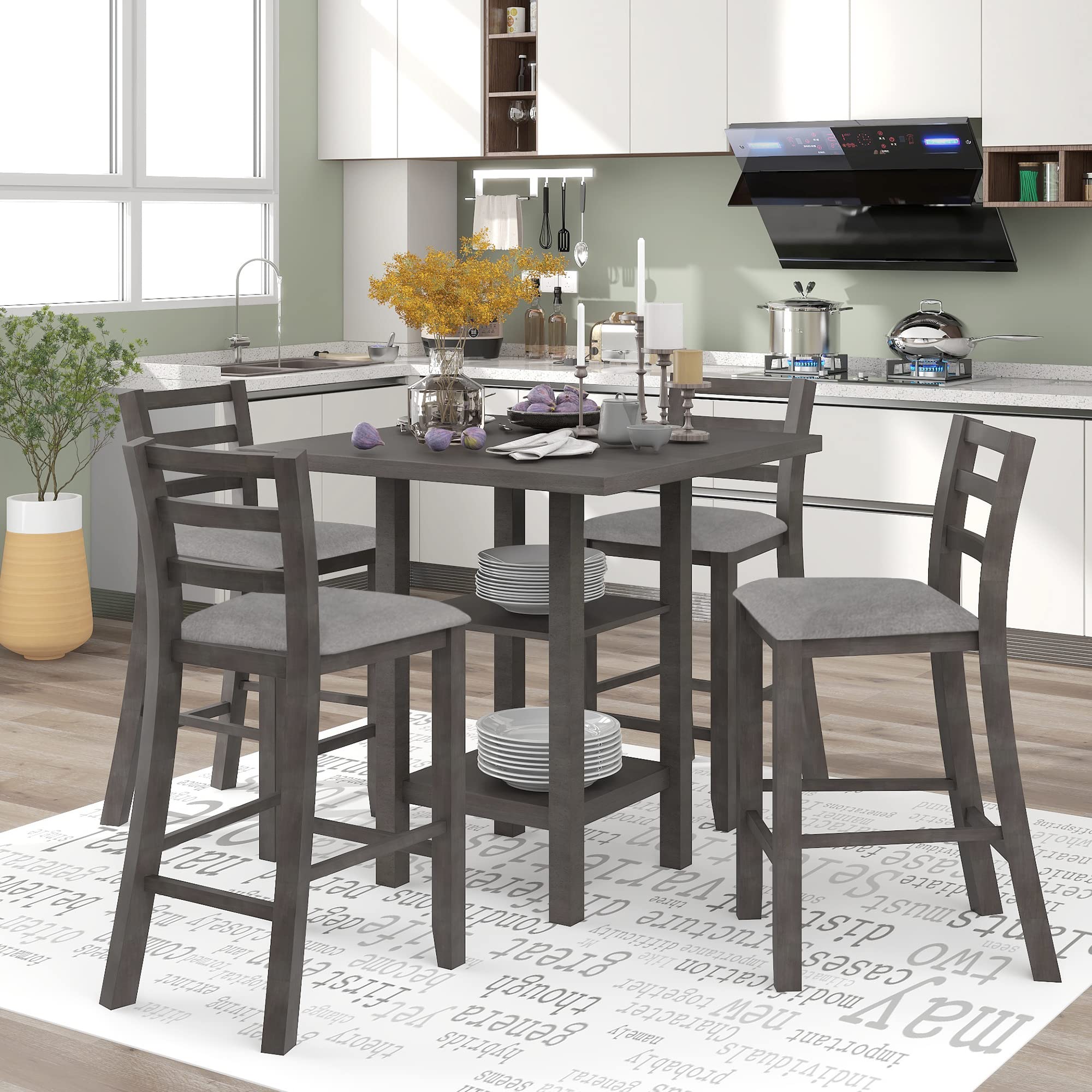 YuiHome 5-Piece Wooden Padded Chairs and Storage Shelving, Room Kitchen Table for 4 (Espresso), Counter Height Dining Set for 4, Dark Gray