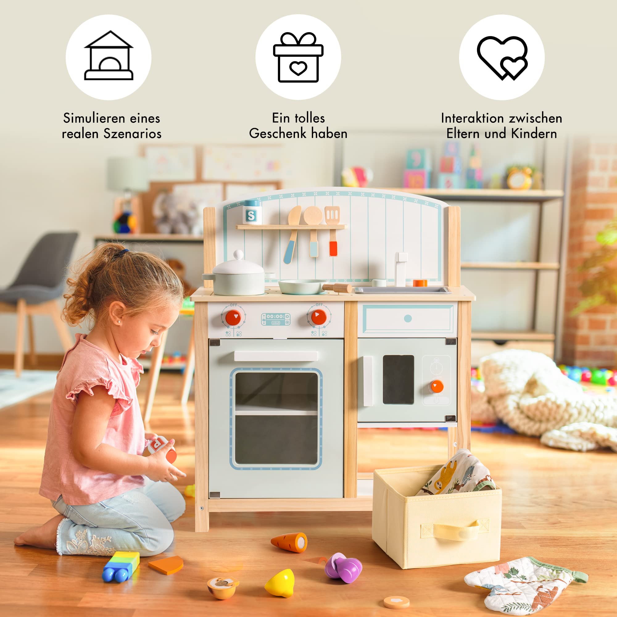 ROBOTIME Wooden Kitchen Playset for Toddlers Girls Kids Play Kitchen with Storage Bin,Pretend Play Toy Kitchen for Kids Ages 3+(Blue)