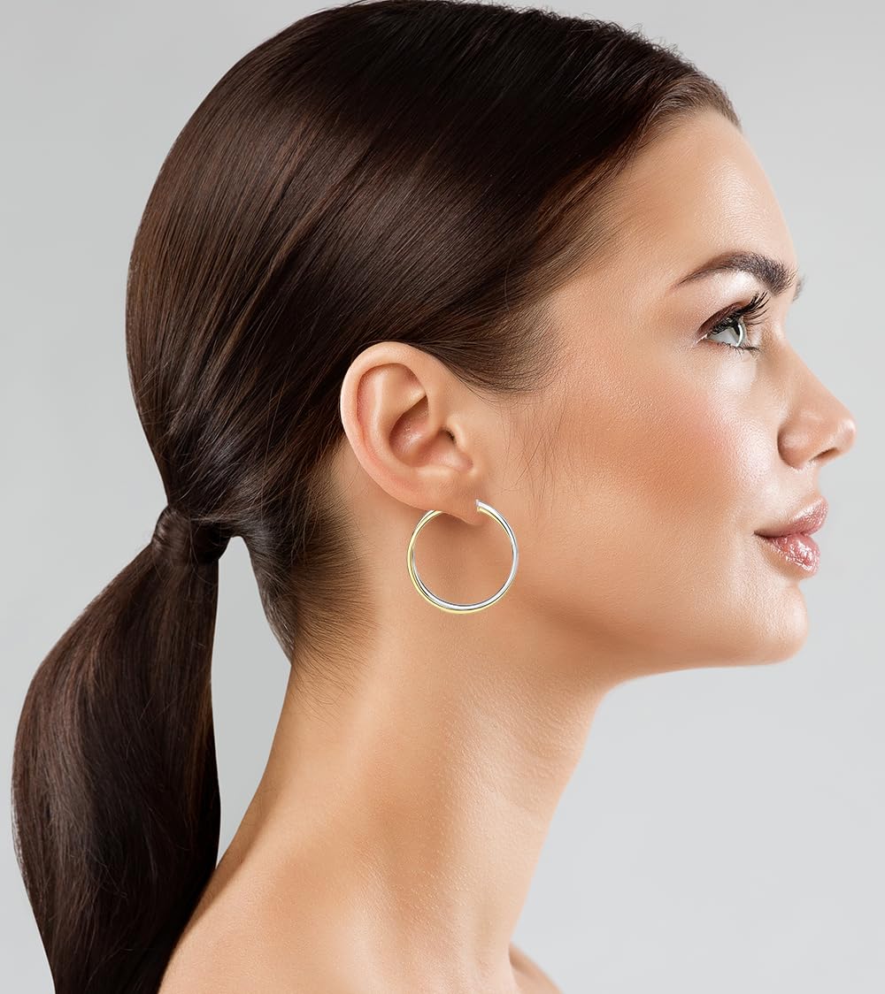 Sterling Silver Two-Tone Square-Tube Double Twisted 37mm Round Hoop Earrings