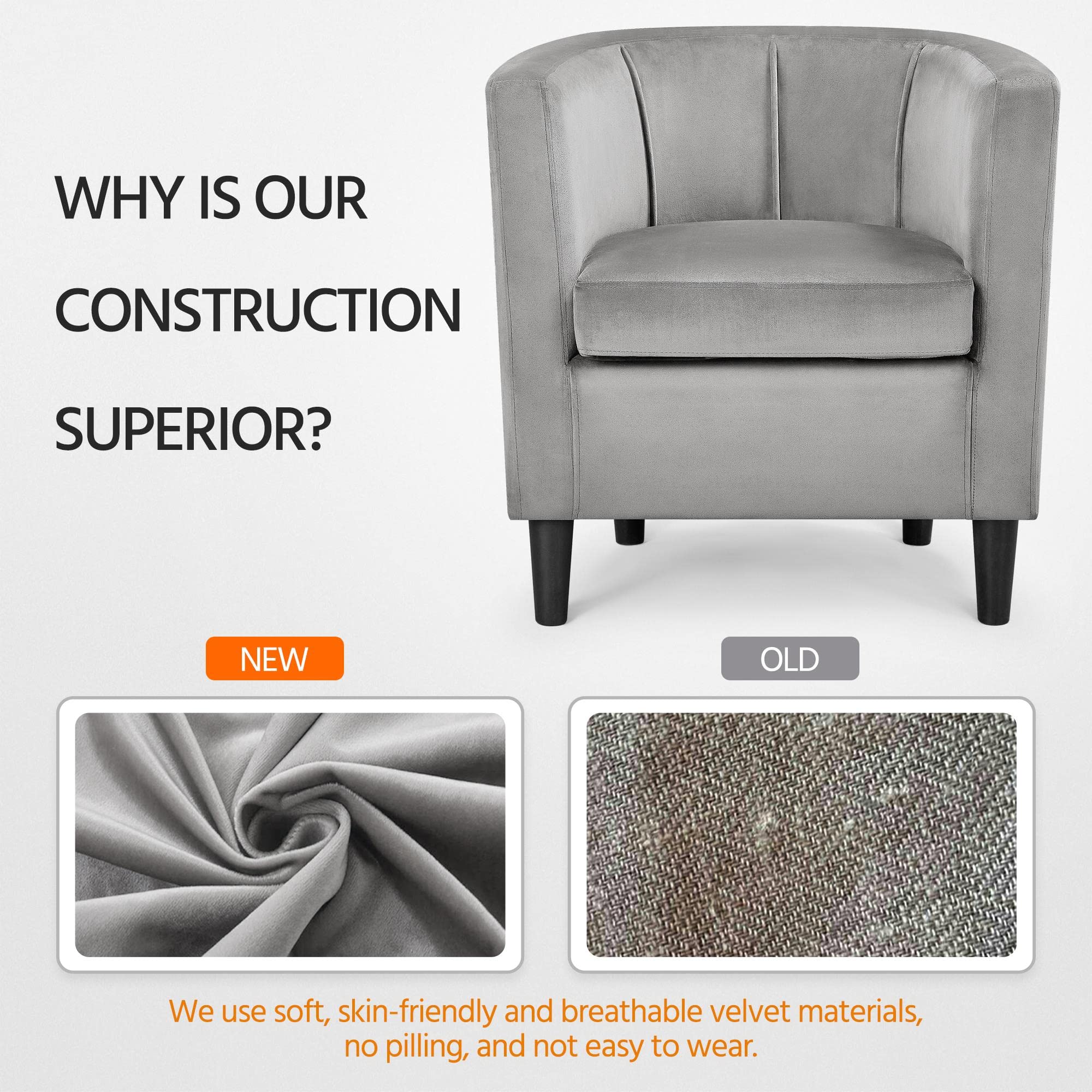 Yaheetech Accent Chair, Modern Velvet Armchairs with Big Ample Seat, Half Rounded Back, Cozy Upholstered Barrel Sofa Chair for Living Room Bedroom Waiting Room, Gray