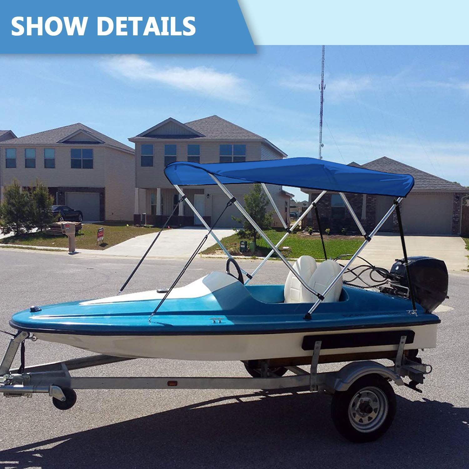 XGEAR 3-4 Bow Bimini Top Boat Cover with 4 Straps, Mounting Hardwares and Storage Boot, Full Size (Pacific Blue, 3 Bow: 6'L x 46" H x 61"-66" W)