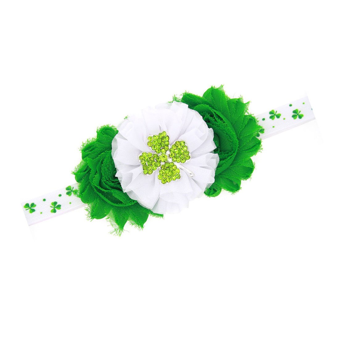 St. Patrick's Day Headband Baby Four Leaf Green Clover Flower Hair Bow Band JHSP06 (B)