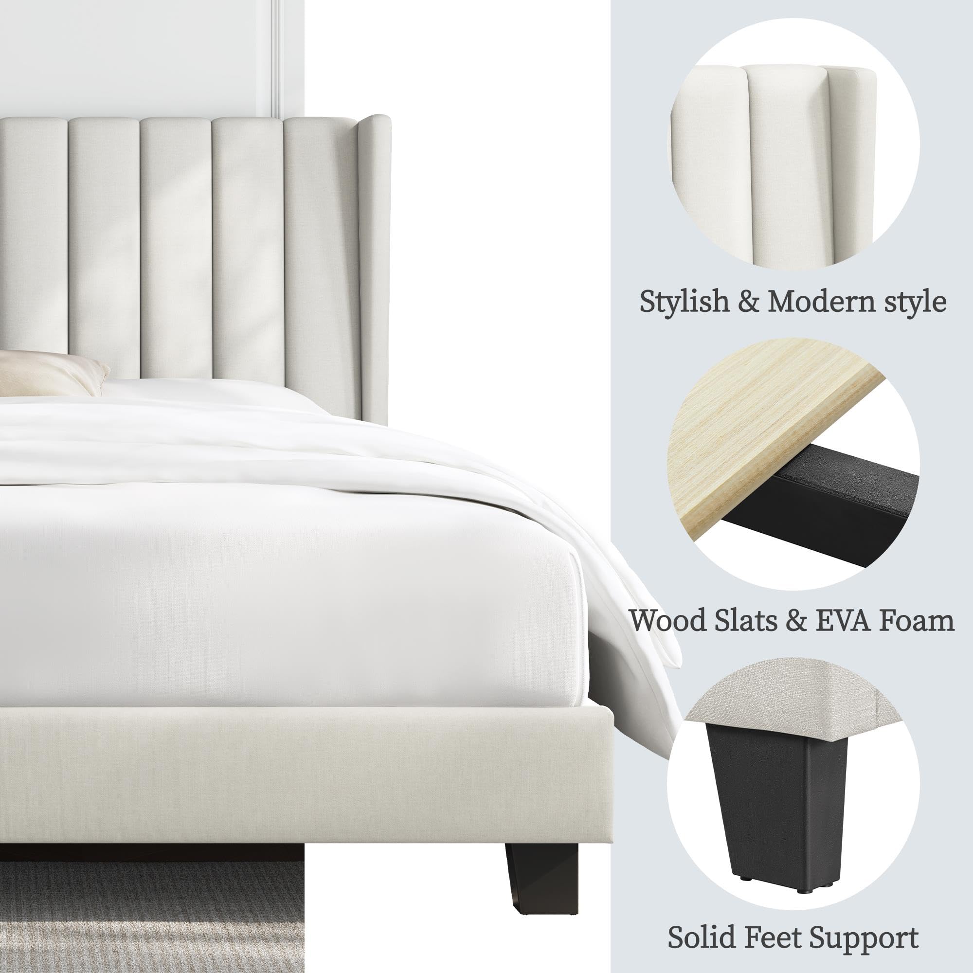Yaheetech King Bed Frame Upholstered Platform Bed with Fabric Headboard, Wing Edge Design/Non-Slip and Noise-Free/Wooden Slats Support/No Box Spring Needed/Easy Assembly, Dark Gray King Bed