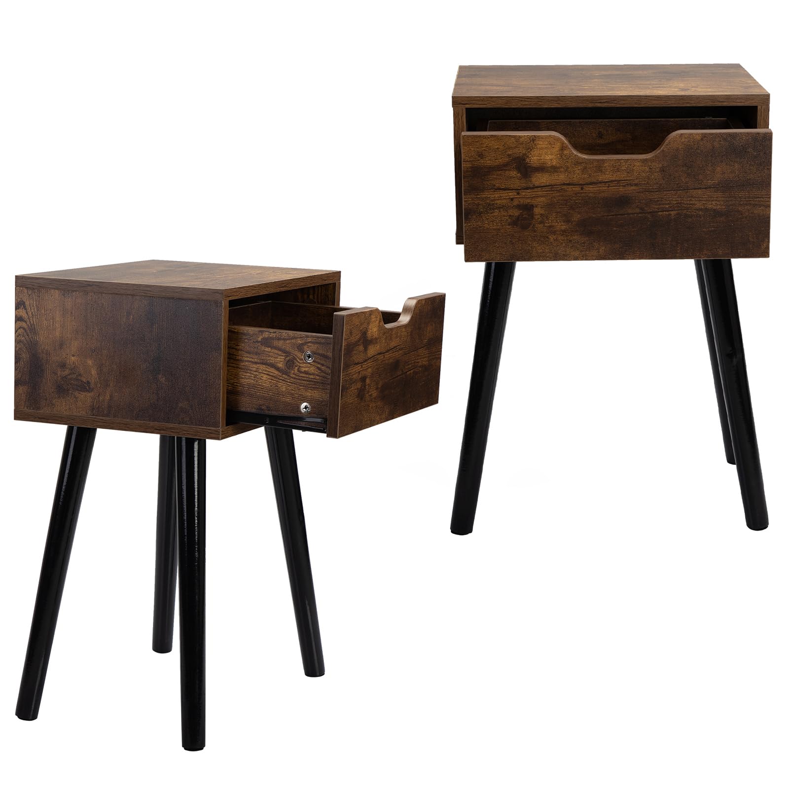 Tidyard Set of 2 Mid Century Wood Side Table, End Table with 1 Storage Drawer, Nightstand for Bedroom Living Room, Rustic Brown and Black
