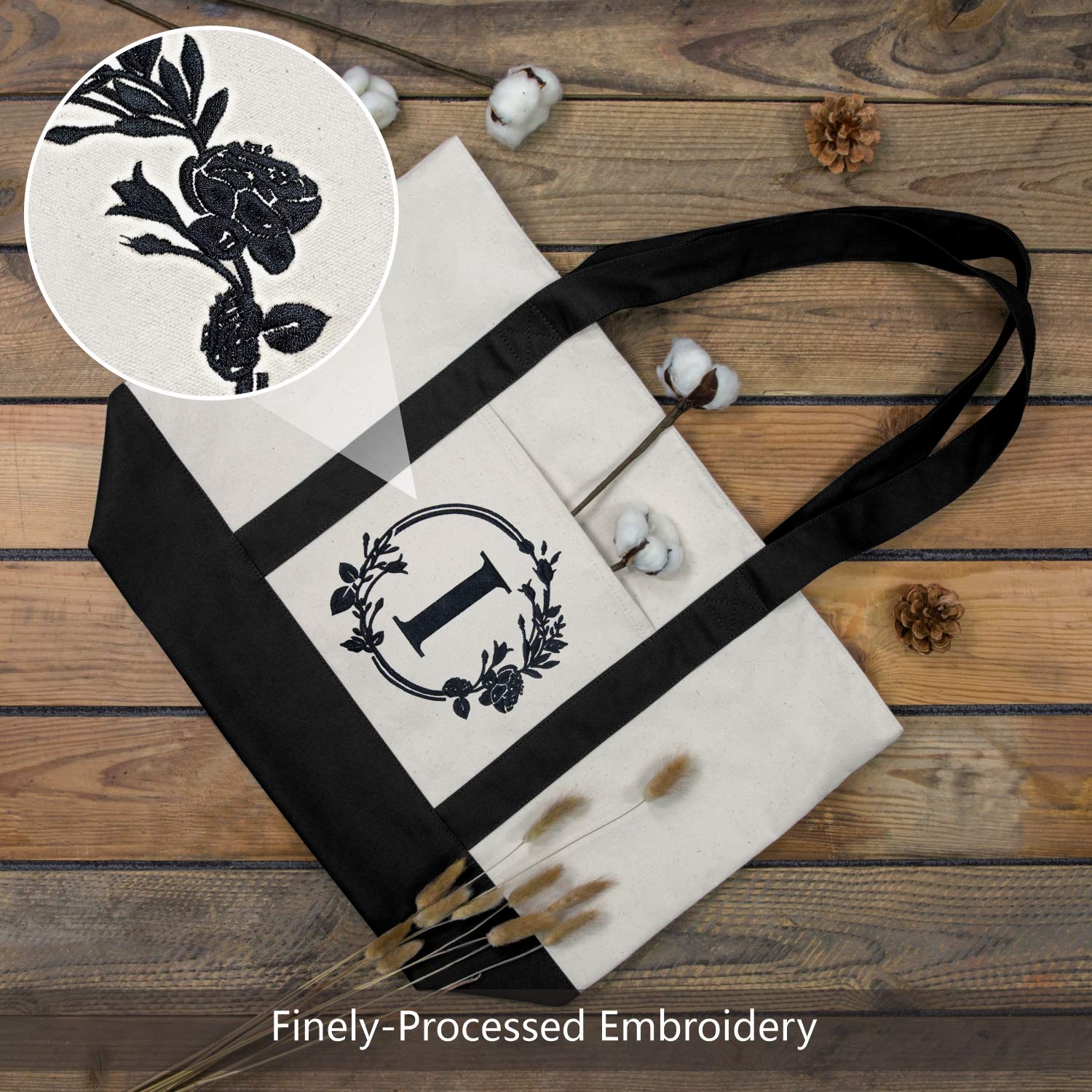 TOPDesign Embroidery Initial Canvas Tote Bag, Personalized Present Bag, Suitable for Wedding, Birthday, Beach, Holiday, is a Great Gift for Women, Mom, Teachers, Friends, Bridesmaids (S)