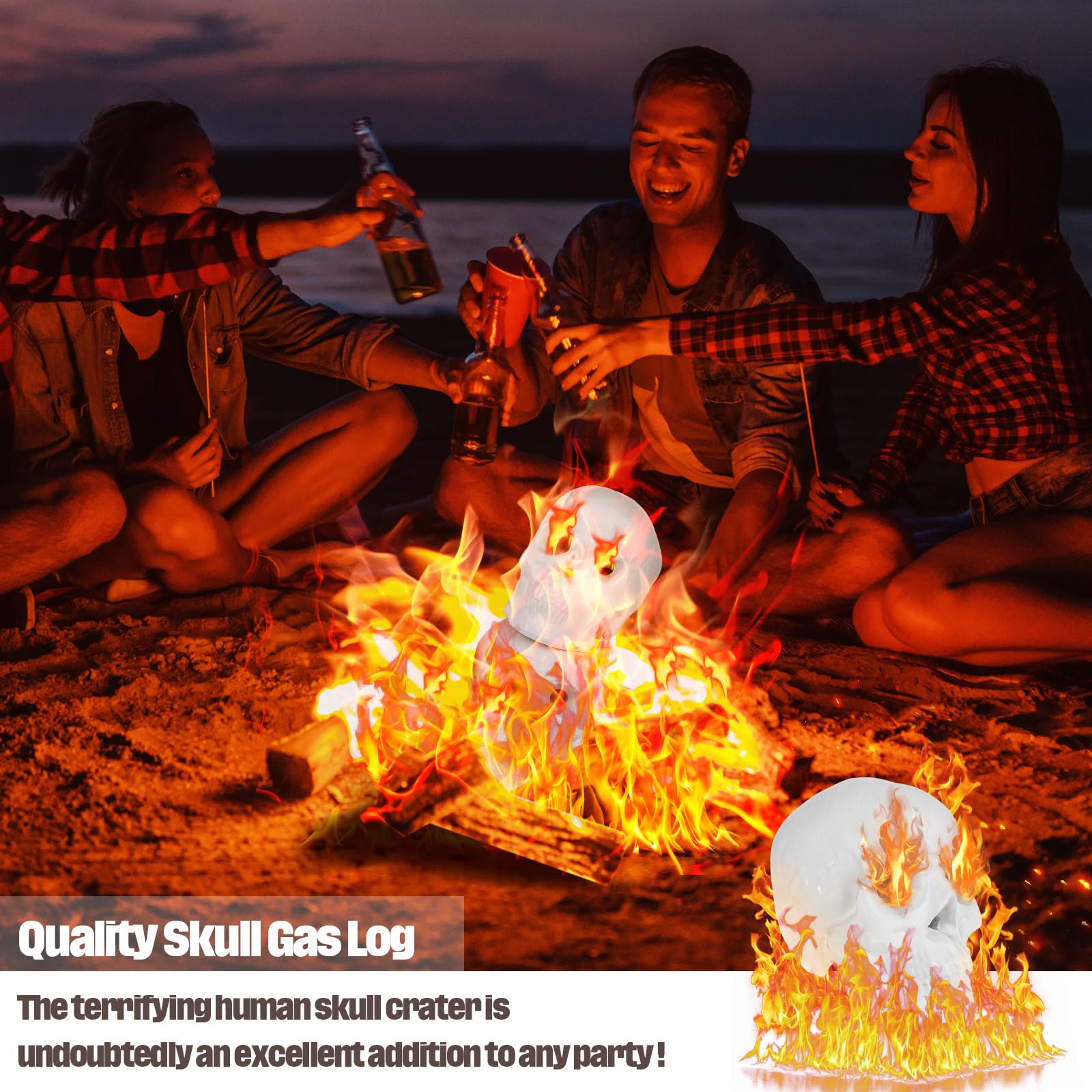 Tanlade 2 Pcs Imitated Human Skull Gas Log for Indoor or Outdoor Fireplaces Ceramic Fireproof Fire Pit Skull Log Halloween Skull Shaped Decor for Bonfire, Campfire, Fireplace, Firepit
