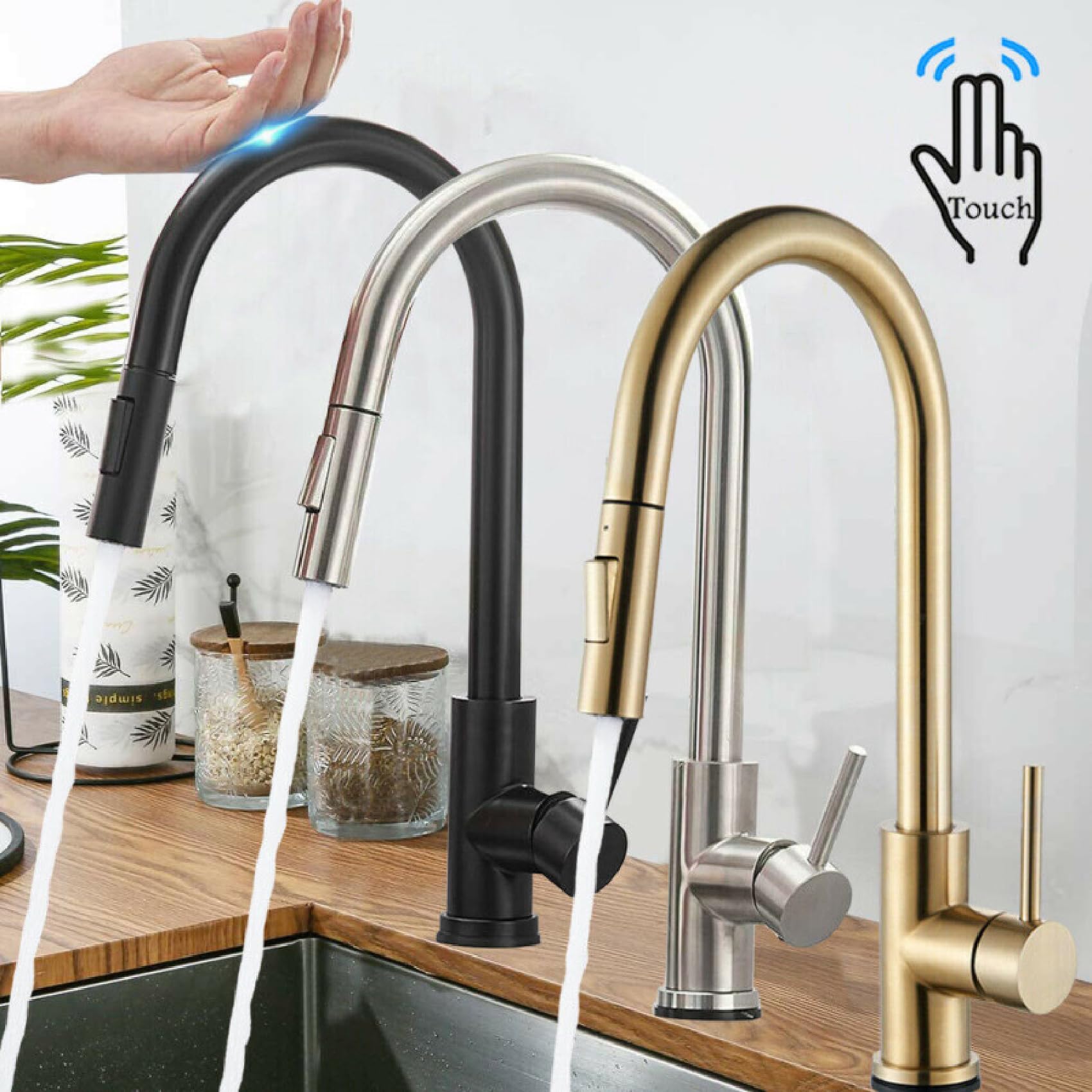 Touchless Kitchen Faucet, Single Handle Motion Sensor Kitchen Sink Faucet with Pull Down Sprayer, Brushed Stainless Steel 3 Way Faucet for Kitchen Sink