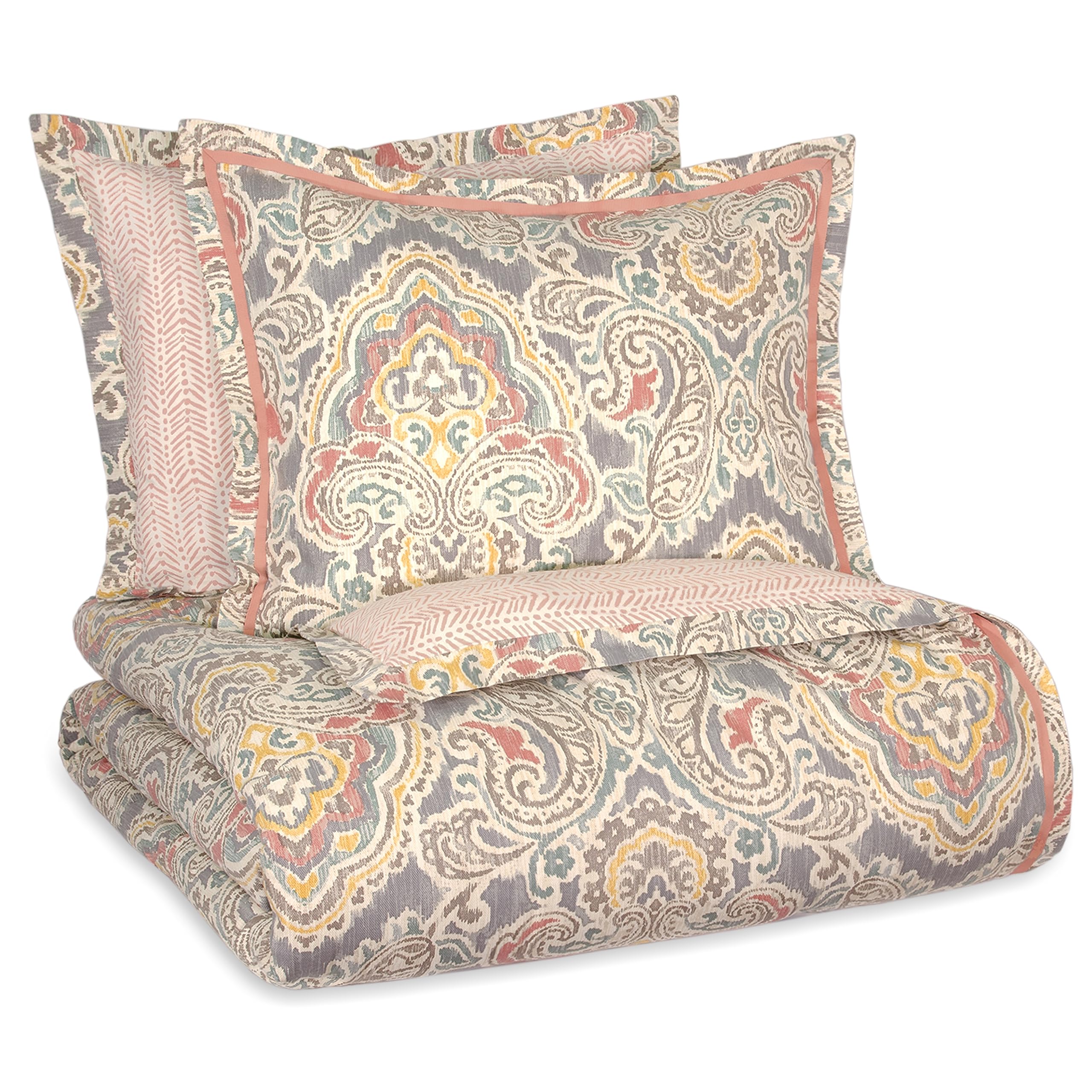 Waverly Artisanal Modern Farmhouse Damask 4 Piece Reversible Comforter Set, All Season Bedding, Includes One Comforter, One Bed Skirt and Two Pillow Shams, Machine Washable Full/Queen Bed Set, Mineral