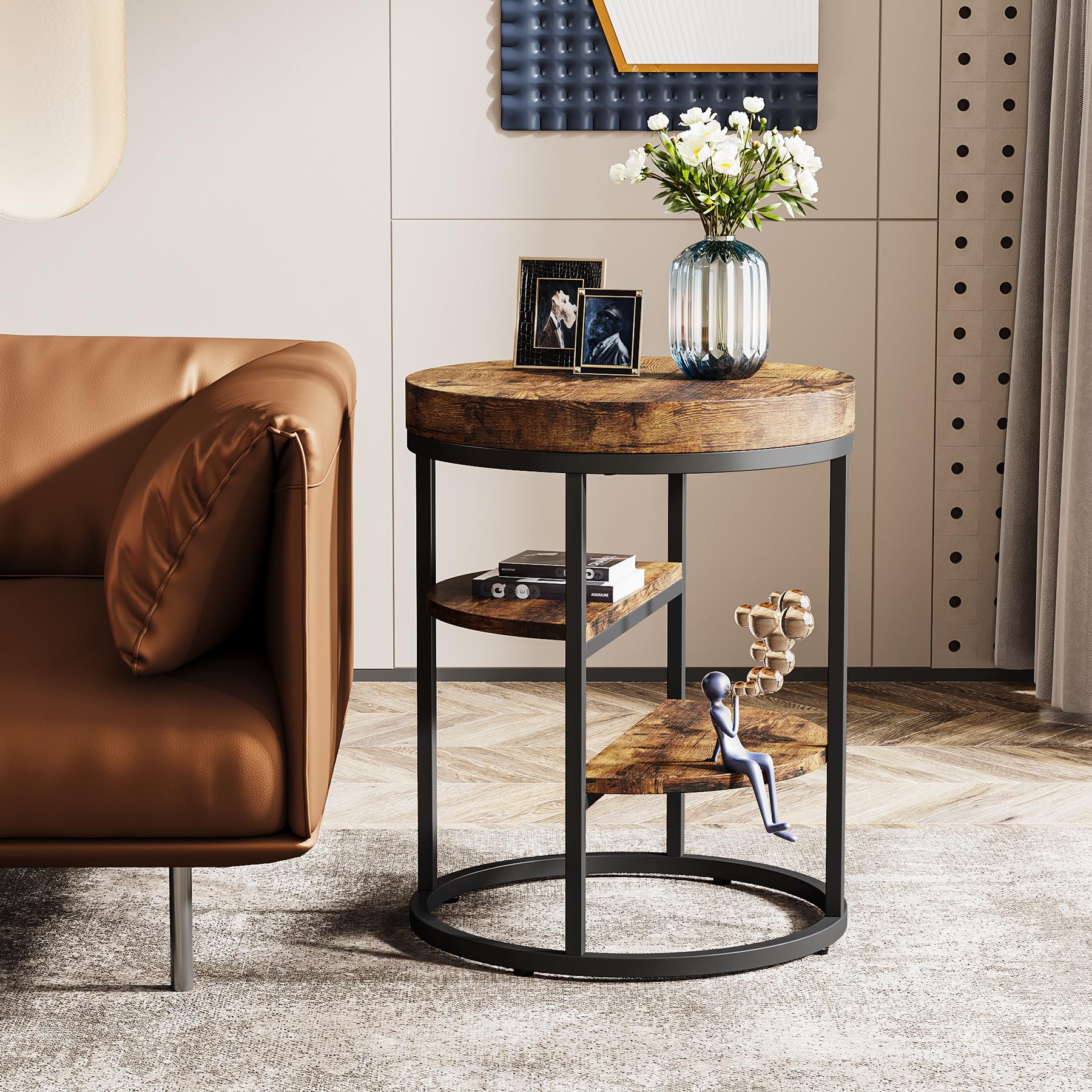 Tribesigns Round End Table, Small End Table with 3 Storage Shelves, Wood Side Table for Small Spaces, Industrial Sofa Side Table for Living Room, Rustic Brown Nightstand and Bedside Table for Bedroom