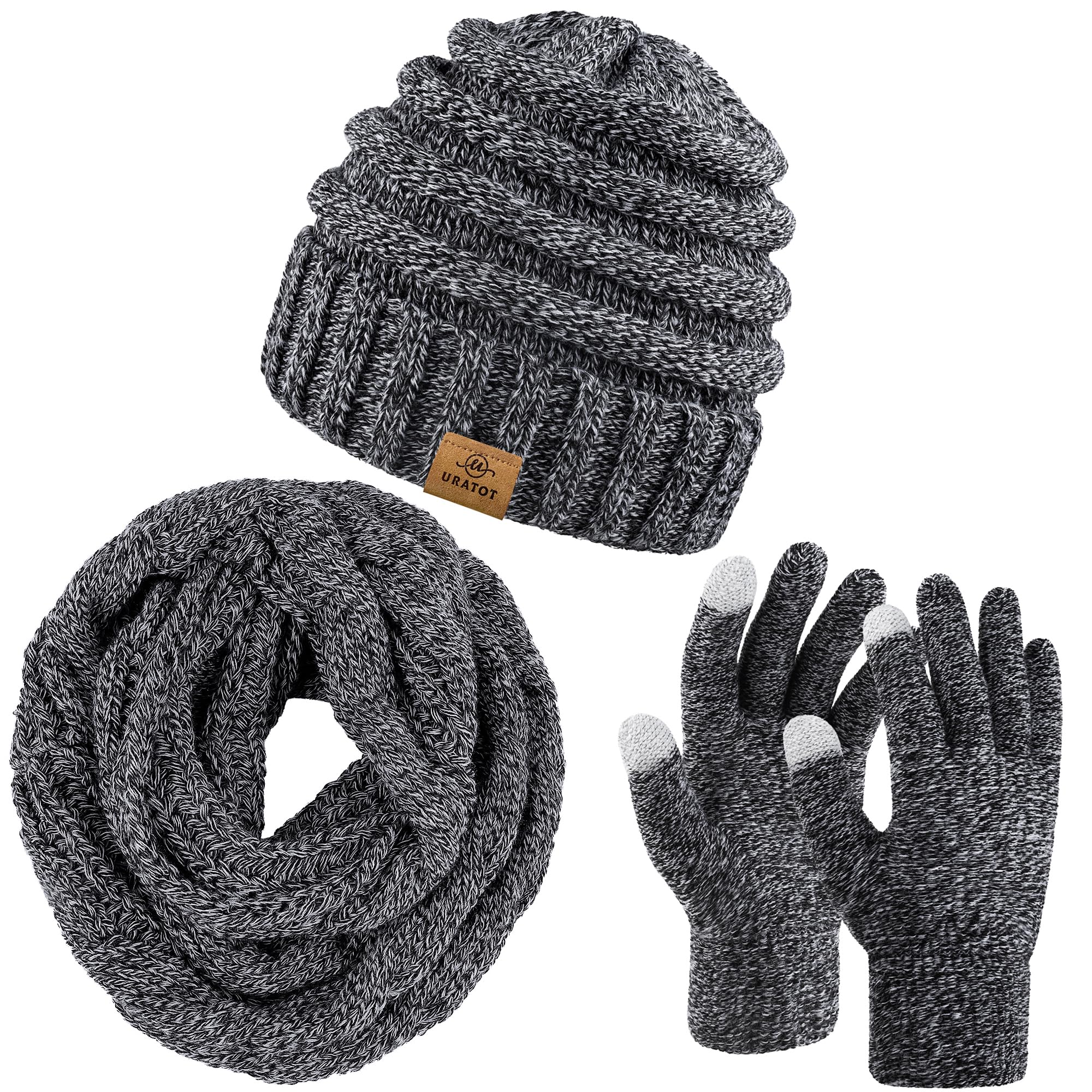 URATOT Winter Knitted Warm Set Infinity Scarf and Hat Touch Screen Gloves for Men and Women