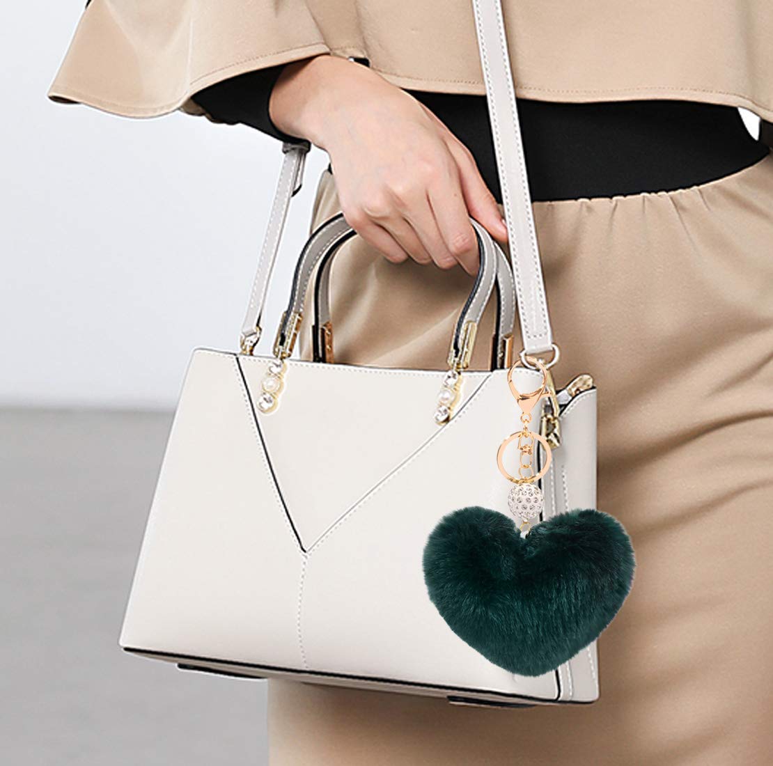 Women's Heart Faux Fur Pom Pom Key Chains Bag Accessory Puffball Keyring Backpack Charms for Girls(dark green)
