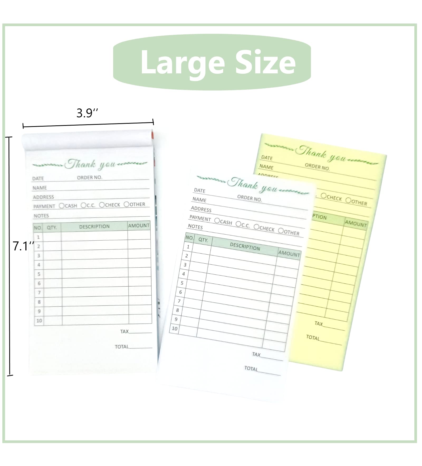 Thank You Receipt Book for Small Businesses 4x7 inches 2-Part Carbonless White Yellow 50 Sets 100 Sheets per Book with Wrap Around Cover Blank Signature Stamp Section 1 Pack Green