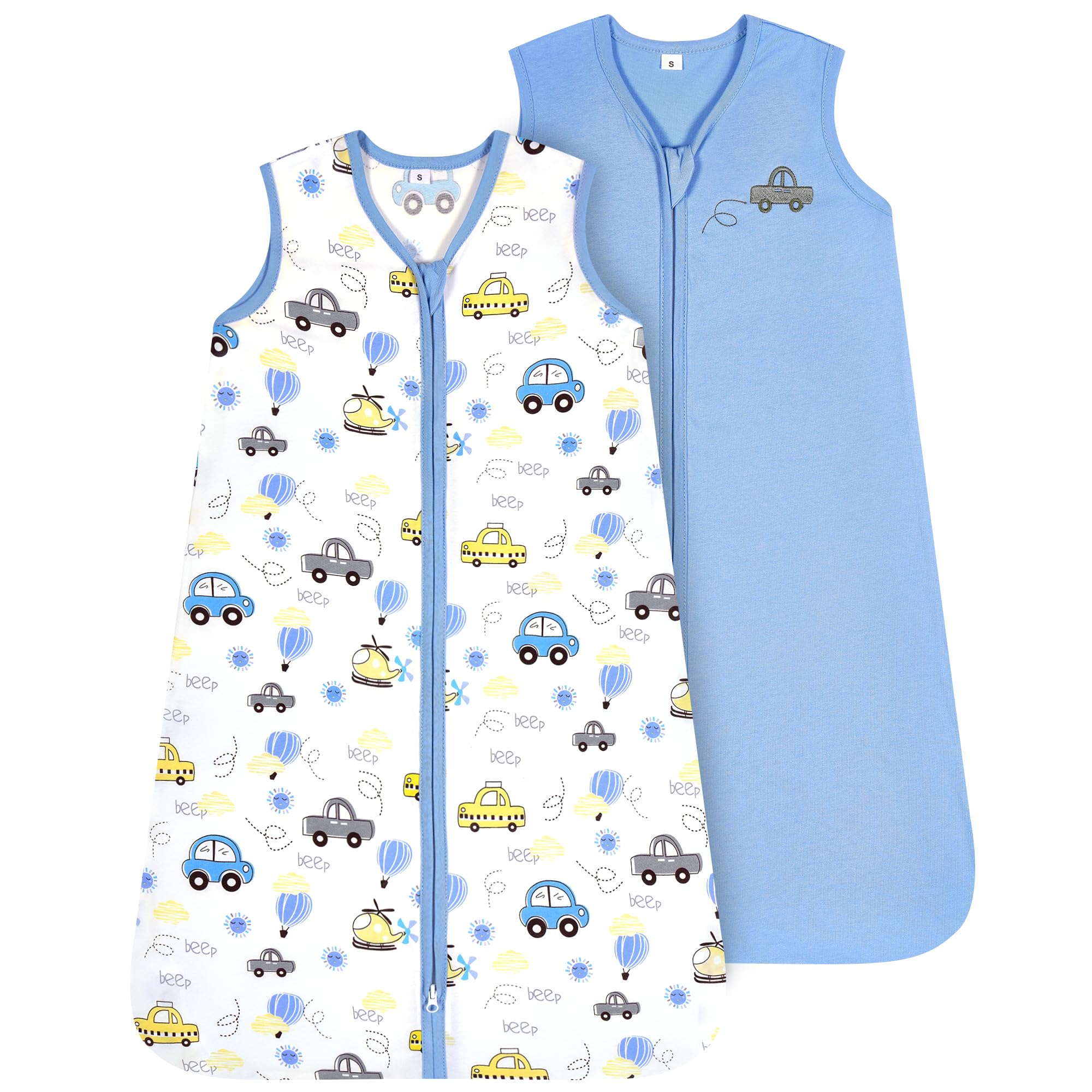 TILLYOU Organic Cotton Sleep Sack - Premium Wearable Blanket for Baby, Soft and Safe Design for a Cozy Sleeping Experience, 2-Pack for Infants 6-12 Months, Blue car & Blue