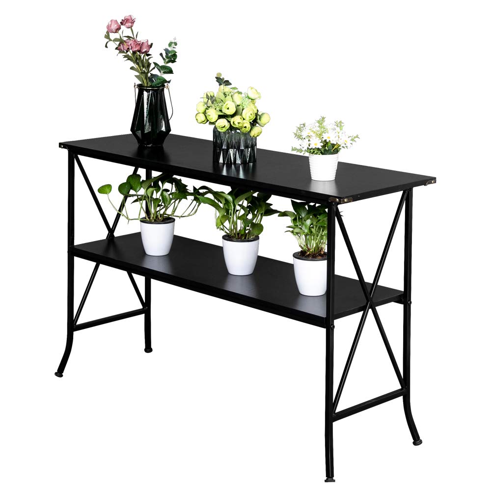 SSLine 2-Shelf Wood Sofa Console Table Classic X-Design Entryway Accent Tables 15.7" W Black Finish Hall Table Home Office Occasional Bookcase Display Shelves Organizer w/Metal Frame, Easy Assembly