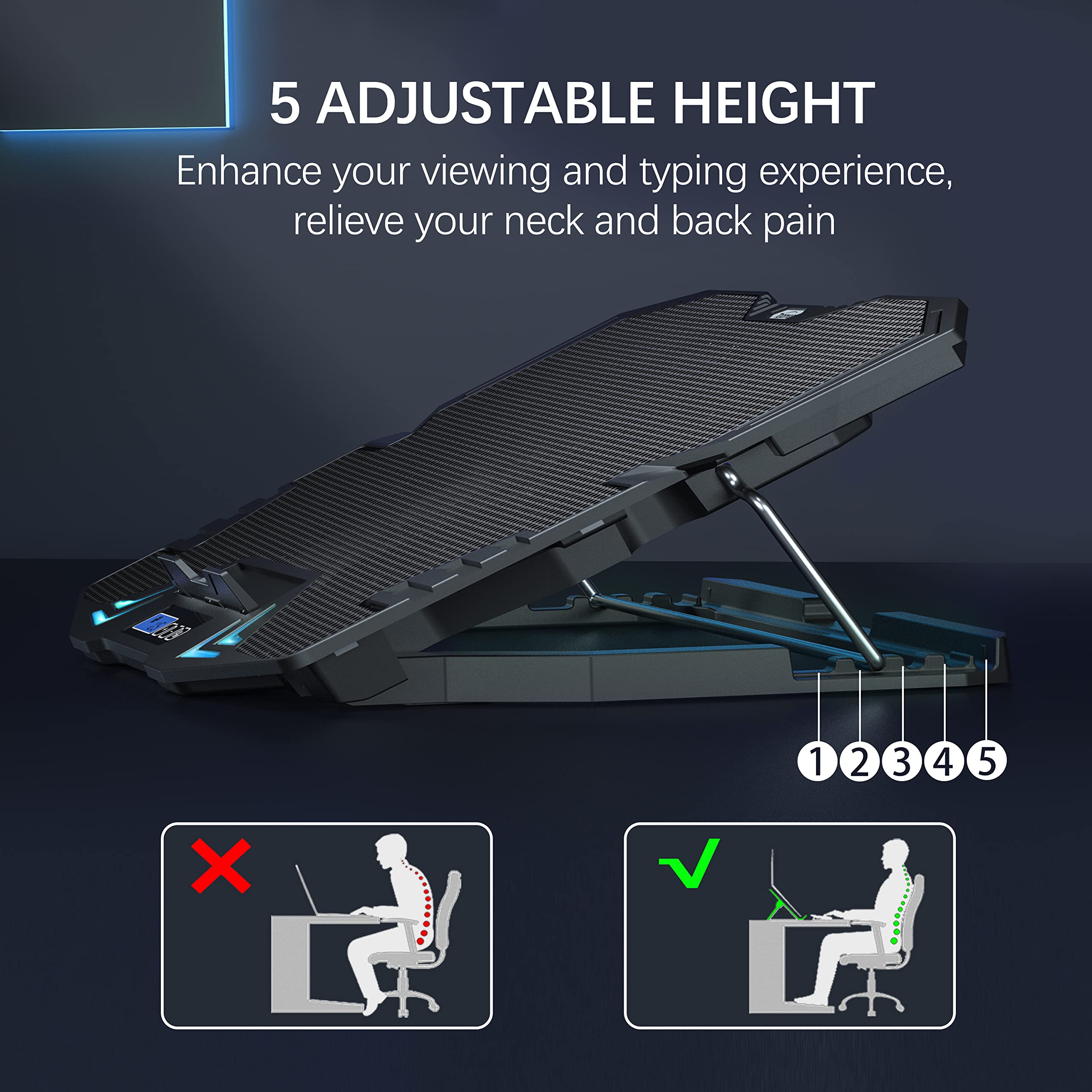 TopMate C5 Laptop Cooling Pad Gaming Notebook Cooler, Laptop Fan Cooling Stand Adjustable Height with 5 Quiet Fans Ice Blue LED Light, Computer Chill Mat with LCD Controller, for 10-15.6 Inch Laptops