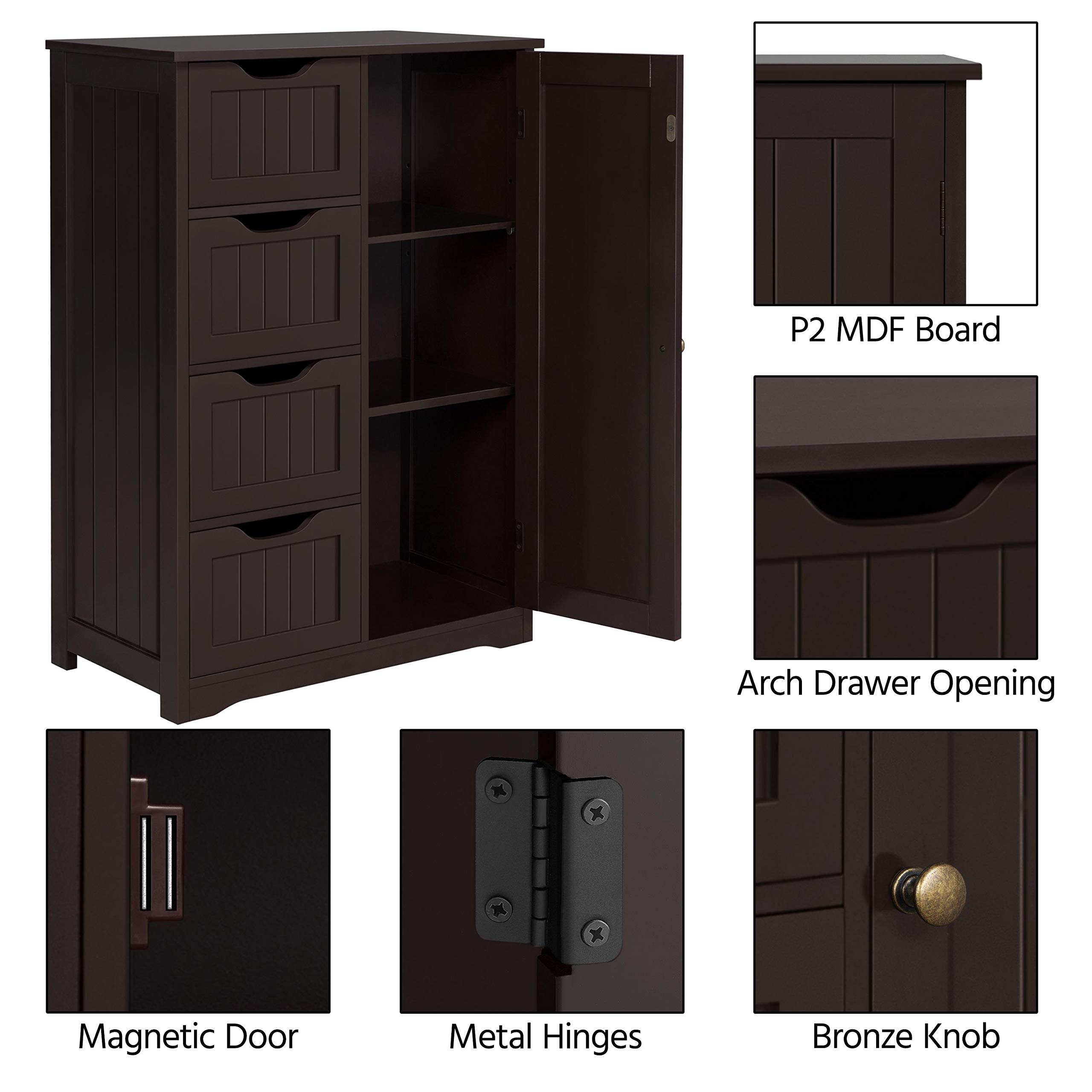 Yaheetech Wooden Bathroom Floor Cabinet, Side Storage Organizer Cabinet with 4 Drawers and 1 Cupboard, Freestanding Entryway Storage Unit Console Table, Home Decor Furniture, Brown