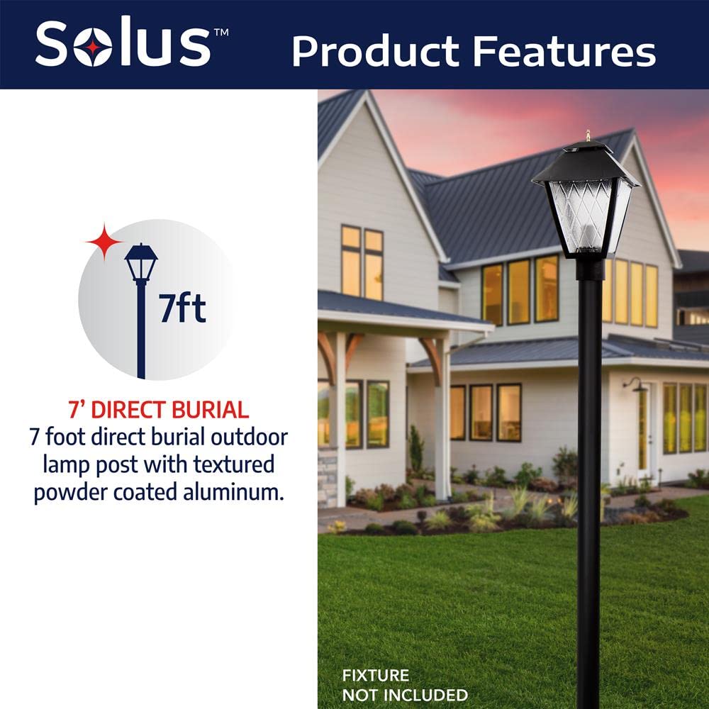 Solus SP7-NCA-BK 7' Outdoor Direct Burial Aluminum Lamp Post, Fits Most Standard 3" Post Top Fixtures, Includes Inlet Hole, Easy to Install, Corrosion & Weather Resistant, Black