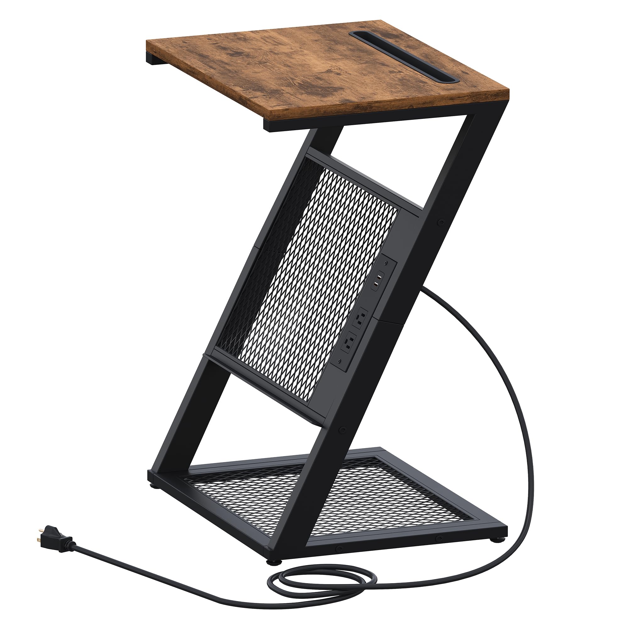 Yifeel End Table with Charging Station, Side Table with Storage Shelf, Bedside Table with Phone Stand, Nightstand for Small Spaces, Living Room, Bedroom, Rustic Brown and Black JET002CSR1