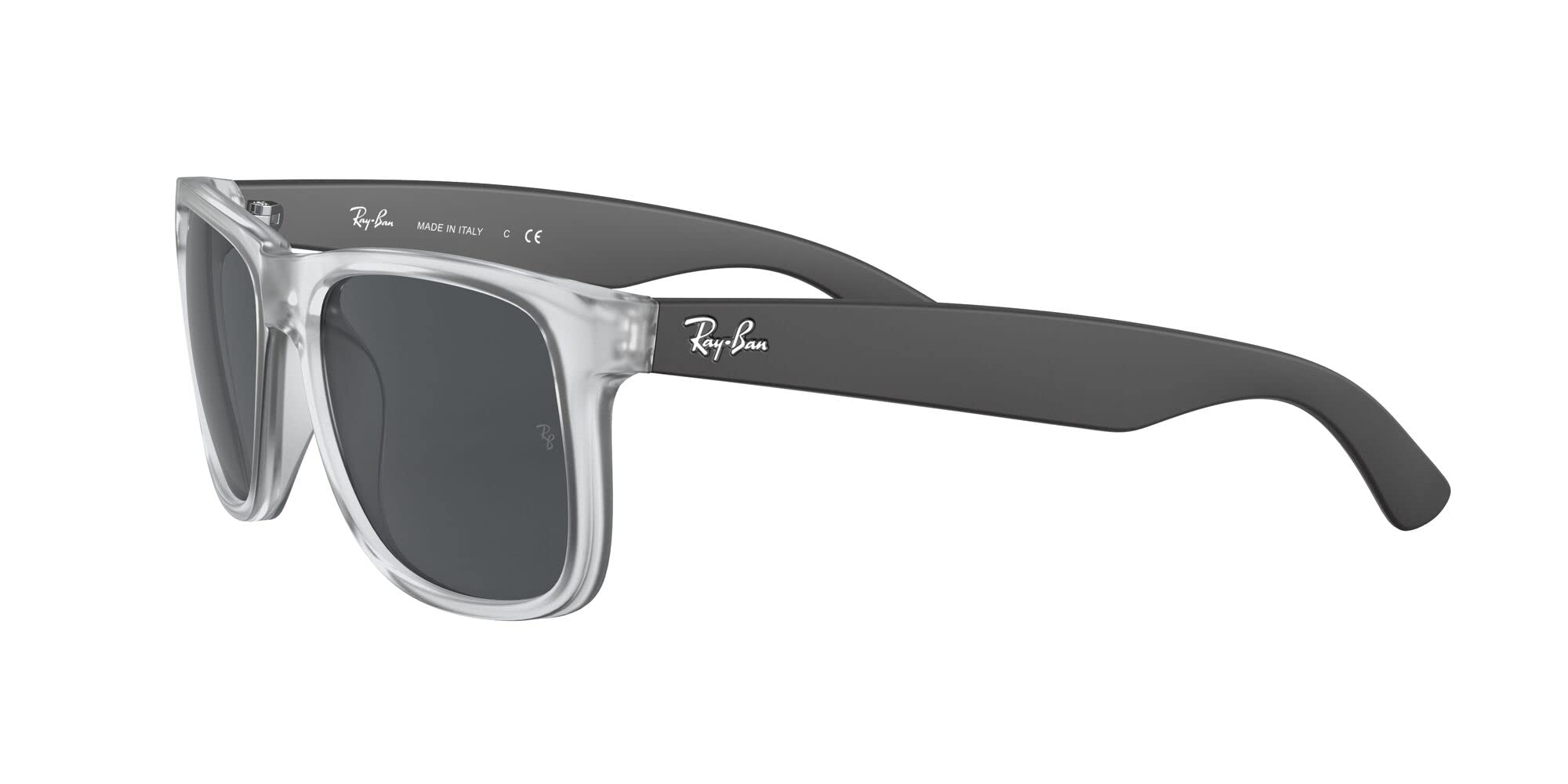 Ray-Ban RB4165 Justin Rectangular Sunglasses, Rubber Transparent/Dark Grey, 55 mm