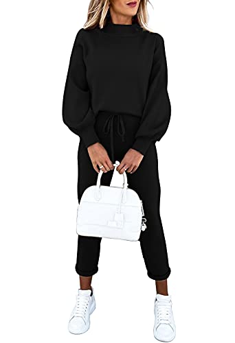 Women's 2 Piece Pant Set Sweatsuit Long Lantern Sleeve Sweatshirt Jogger Pant Tracksuit Black M