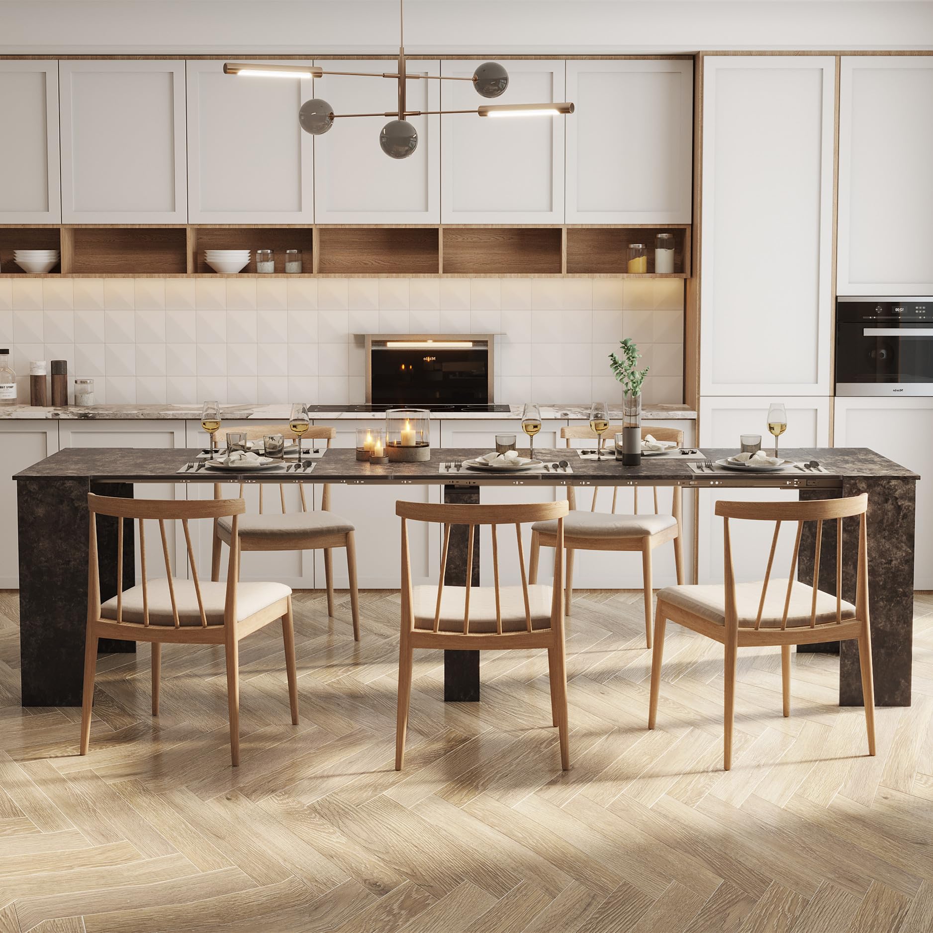 SSLine Rectangular Extendable Dining Table with Storage Cabinet 98.43" Super Long Conference Table for 6 8 10 12 People Rustic Walnut Expandable Kitchen Tables for Home Office Computer Table