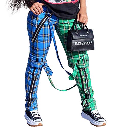 Women's Casual Plaid Color Block Sweatpants Stretchy High Waist Work Skinny Pants Blue + Green Medium
