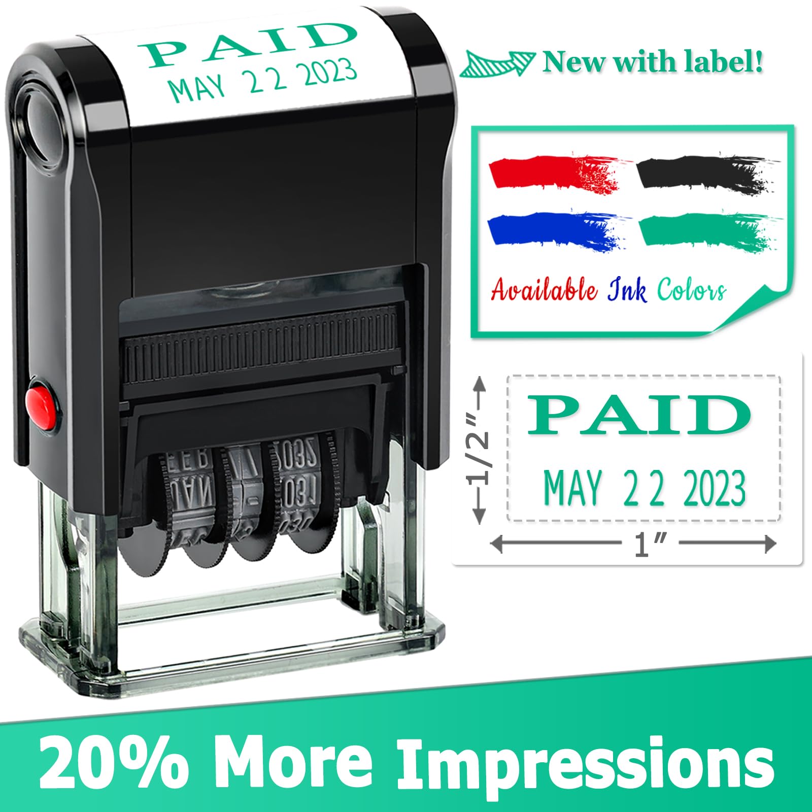 Toplusesse Self-Inking Date Stamp with Paid Office Rubber Paid Phrase & Date Stamp for Business 12-Year Band Green Ink