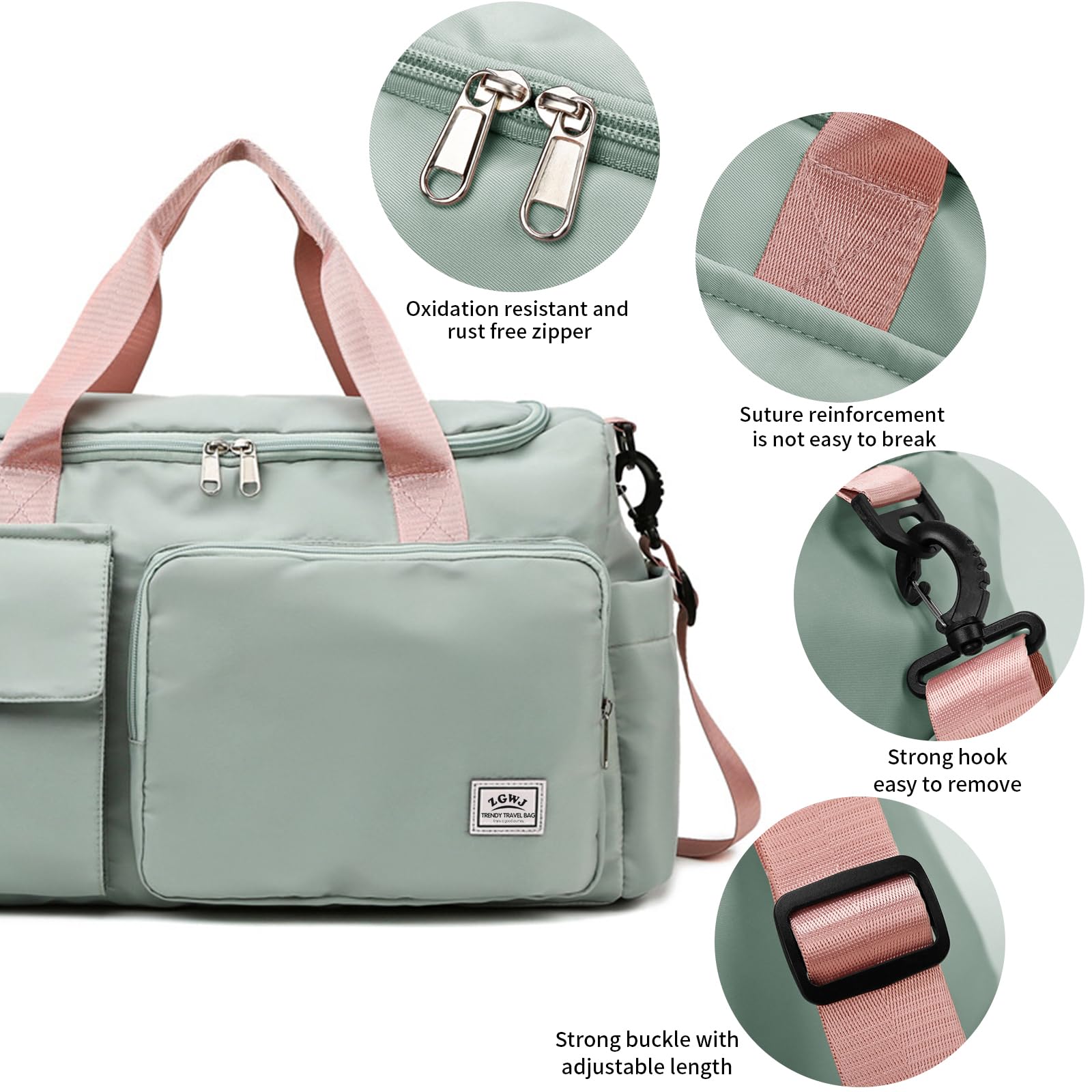 Travel Duffel Tote Bag with Dry Wet Separation Pocket, Weekender Bag for Women and Men,Waterproof Bag with Shoe Compartment Lightweight and Easy Carry on Green